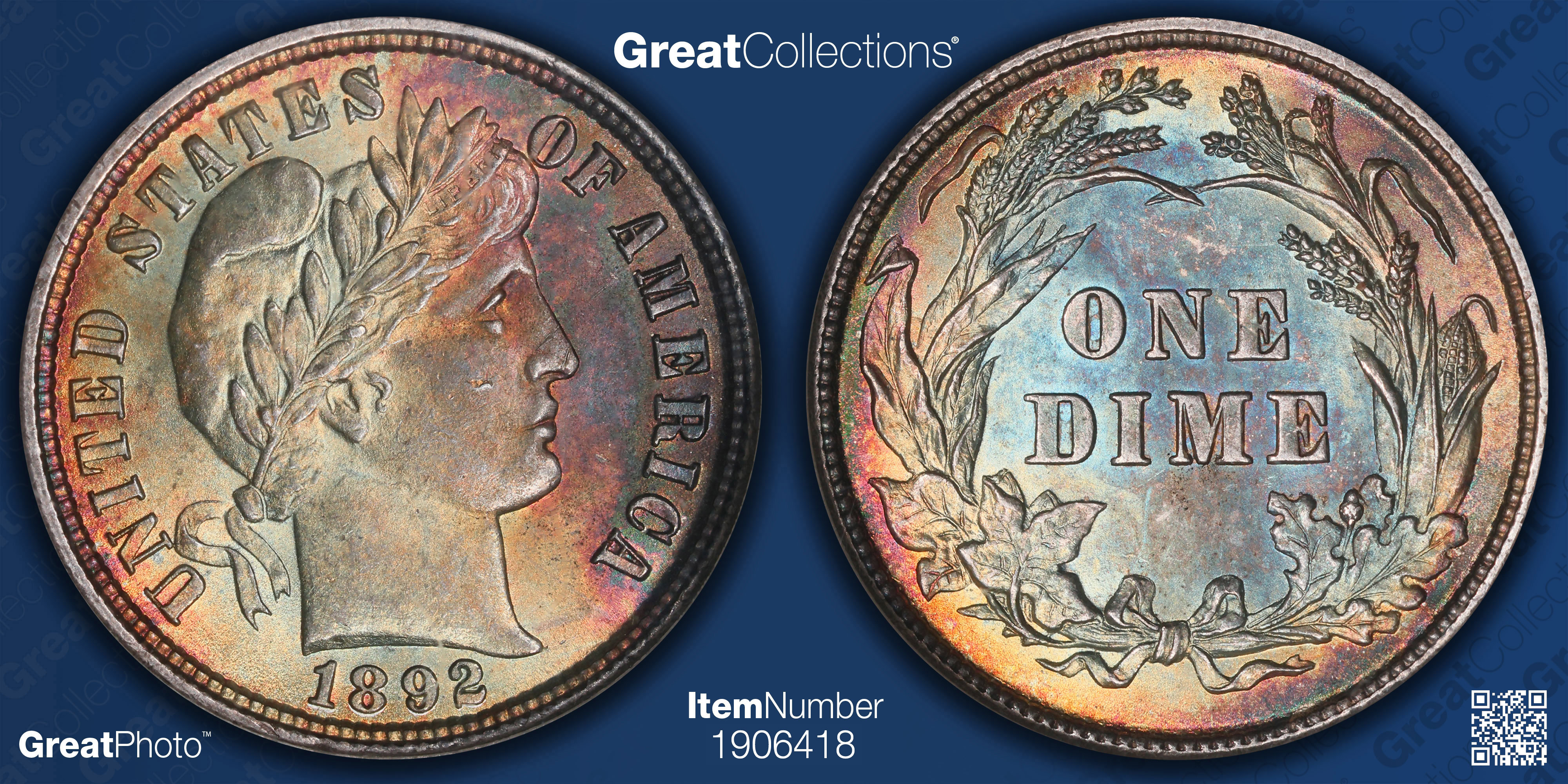 1892 Barber Dime NGC MS-65 (Toned) (Item 1906418) | GreatCollections ...