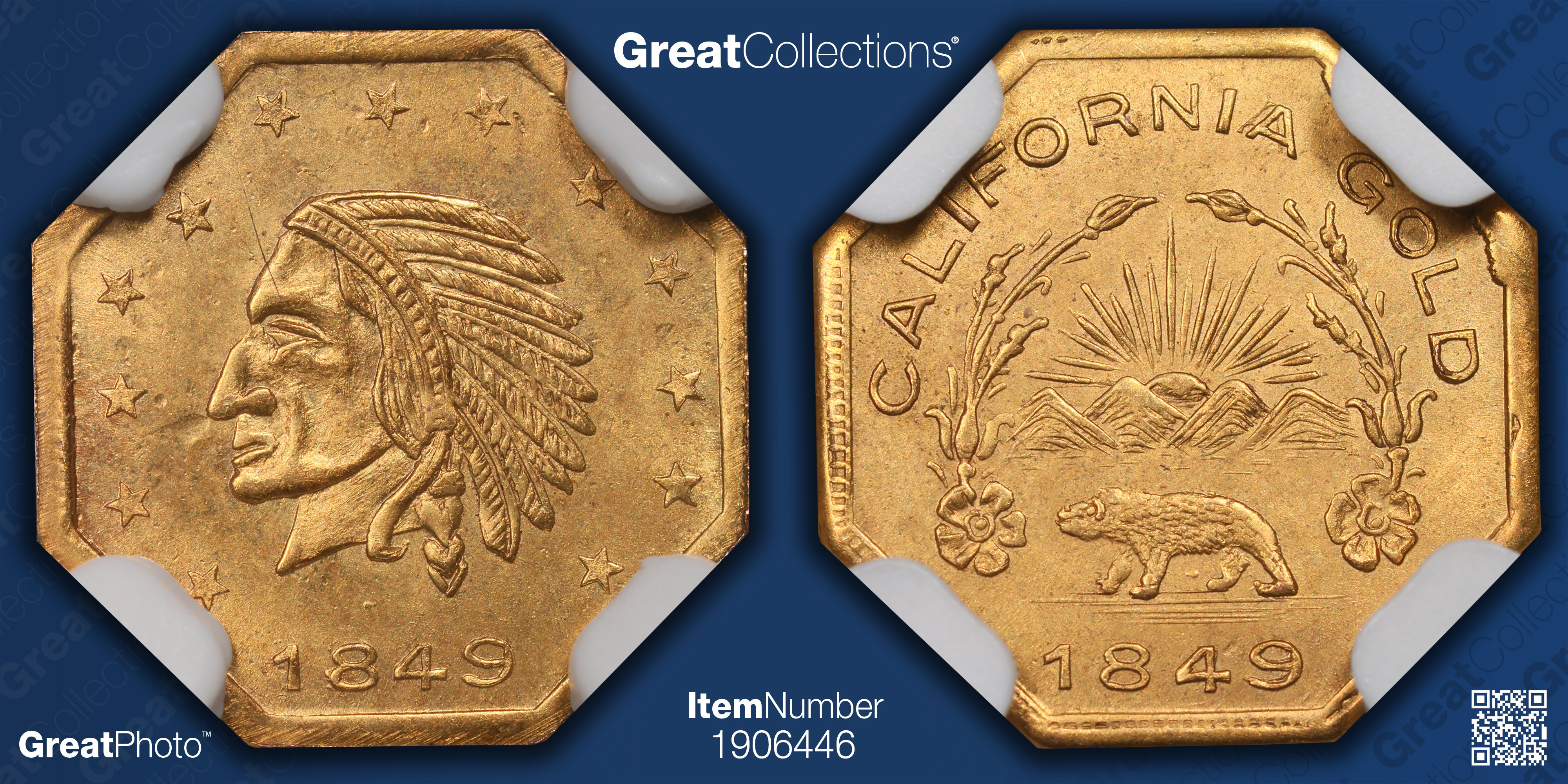 1849-Dated California Fractional Gold Token Indian - Bear #5 13 Stars ...