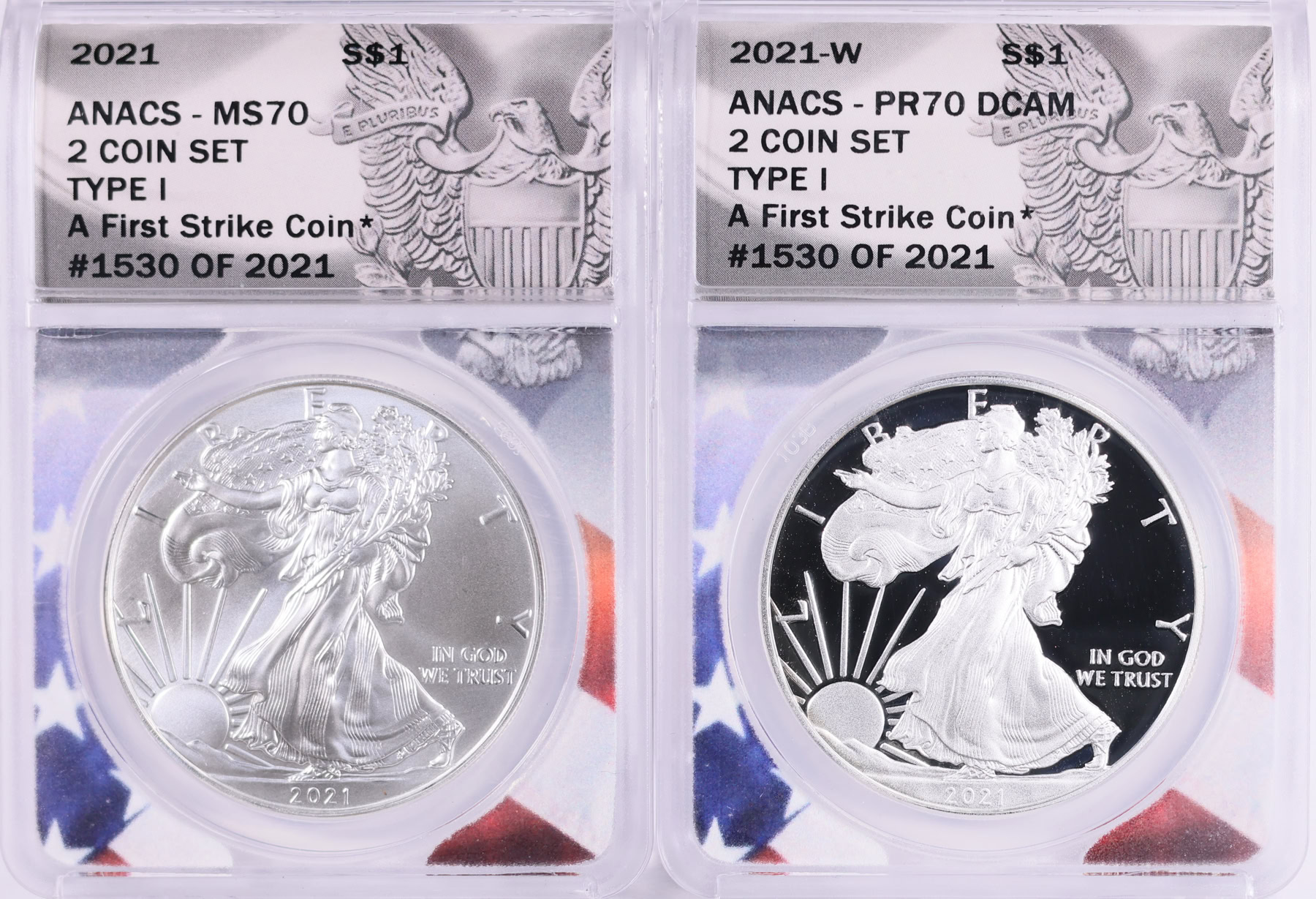 2021 $1 Silver Eagle Type 1 First Strike ANACS MS-70/Proof-70 DCAM (2 Coins) (Item 1907409 ...