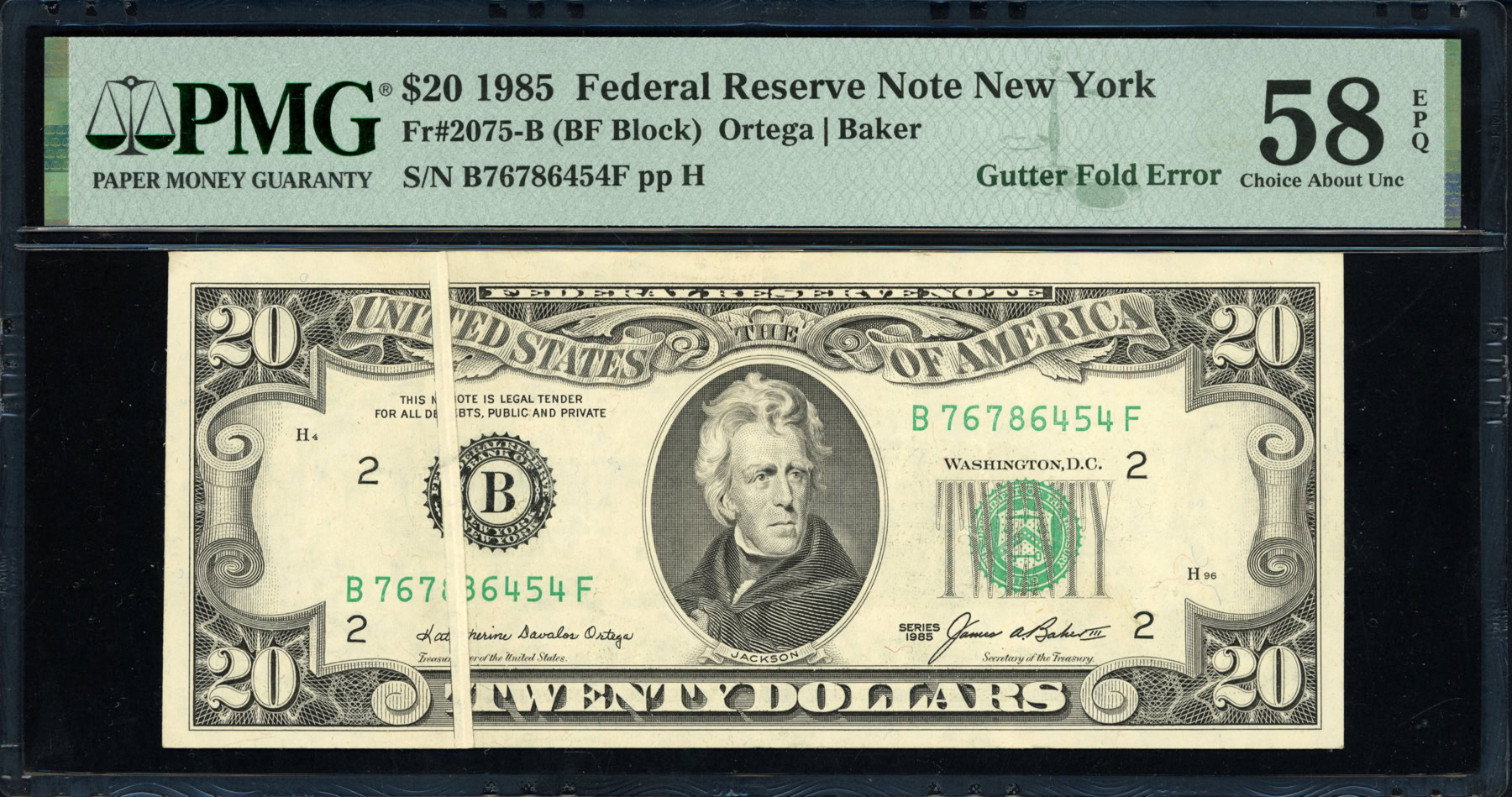 Fr. 2075-B (BF Block) 1985 $20 New York Federal Reserve Error Note *Gutter Fold Error* Ortega ...