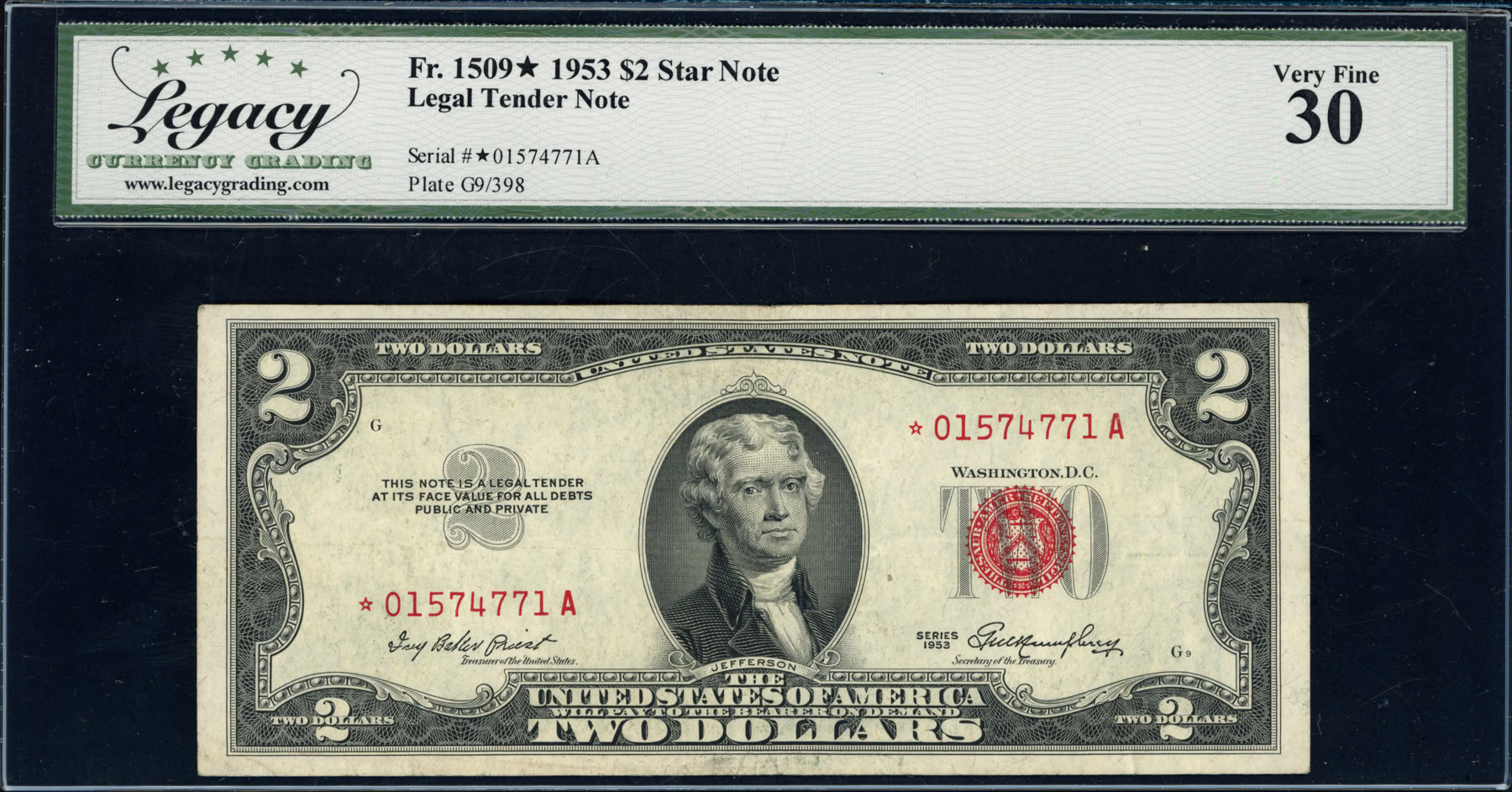 Fr. 1509* (*A Block) 1953 $2 Legal Tender Star Note Priest / Humphrey ...