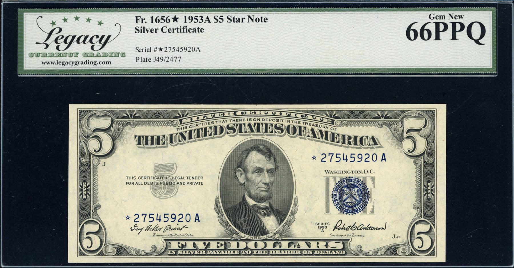 Fr. 1656* (*A Block) 1953A $5 Silver Certificate Star Note Priest ...