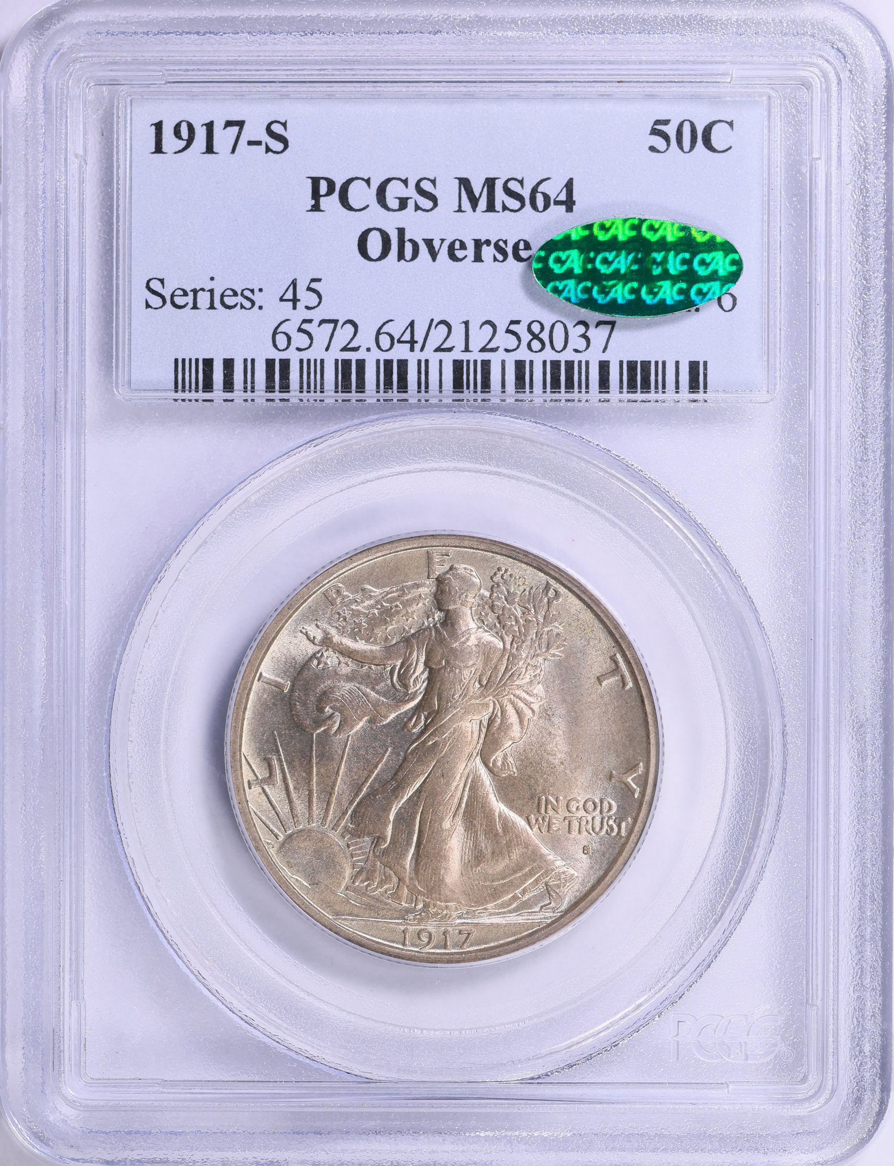 1917-S Walking Liberty Half Dollar Obverse Mintmark PCGS MS-64 (CAC Green) (Item 1908567 ...