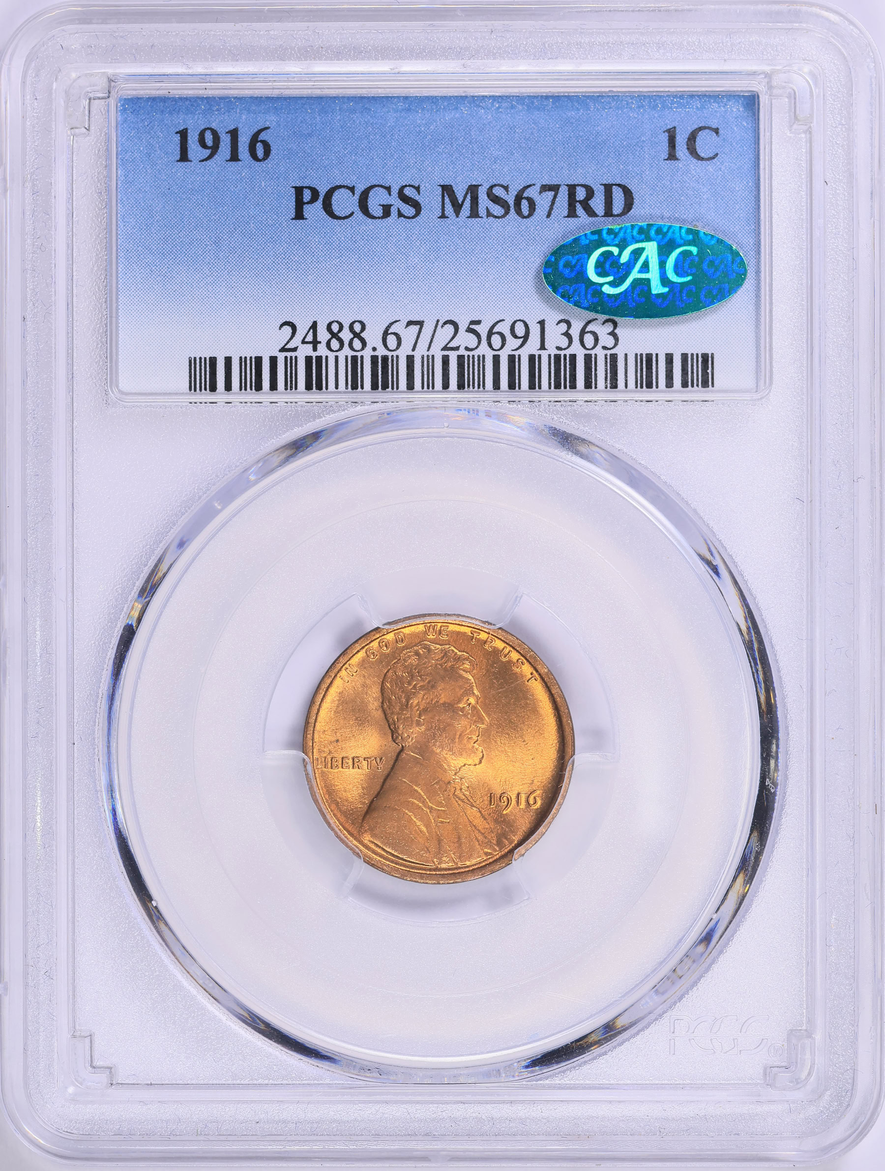 1916 Lincoln Cent PCGS MS-67 RD (CAC Green) (Item 1908626) | GreatCollections Coin Auctions