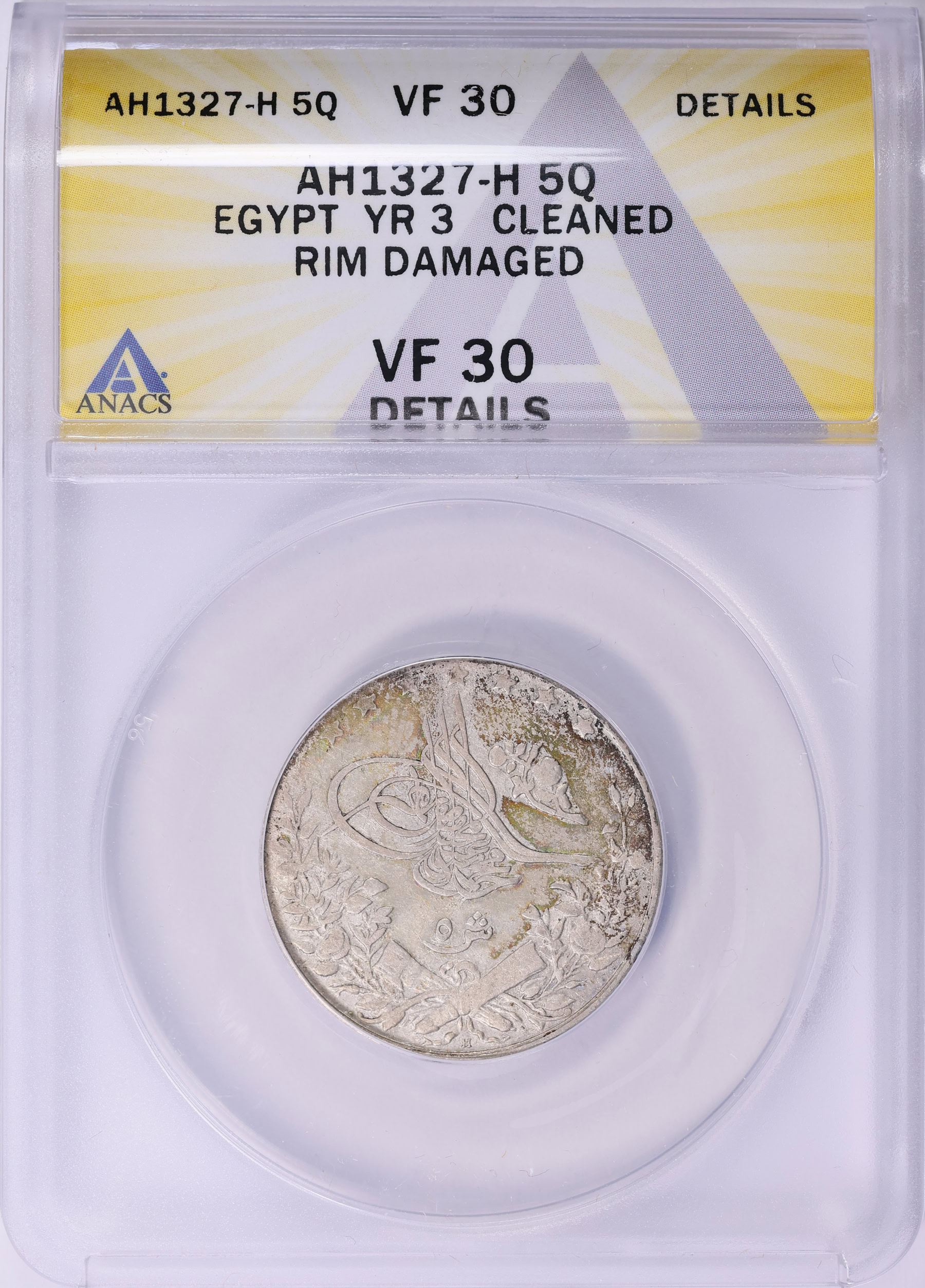 Egypt AH 1327 Year 3 (1911)-H Silver 5 Qirsh KM-308 ANACS VF-30 Details (Item 1908640 ...