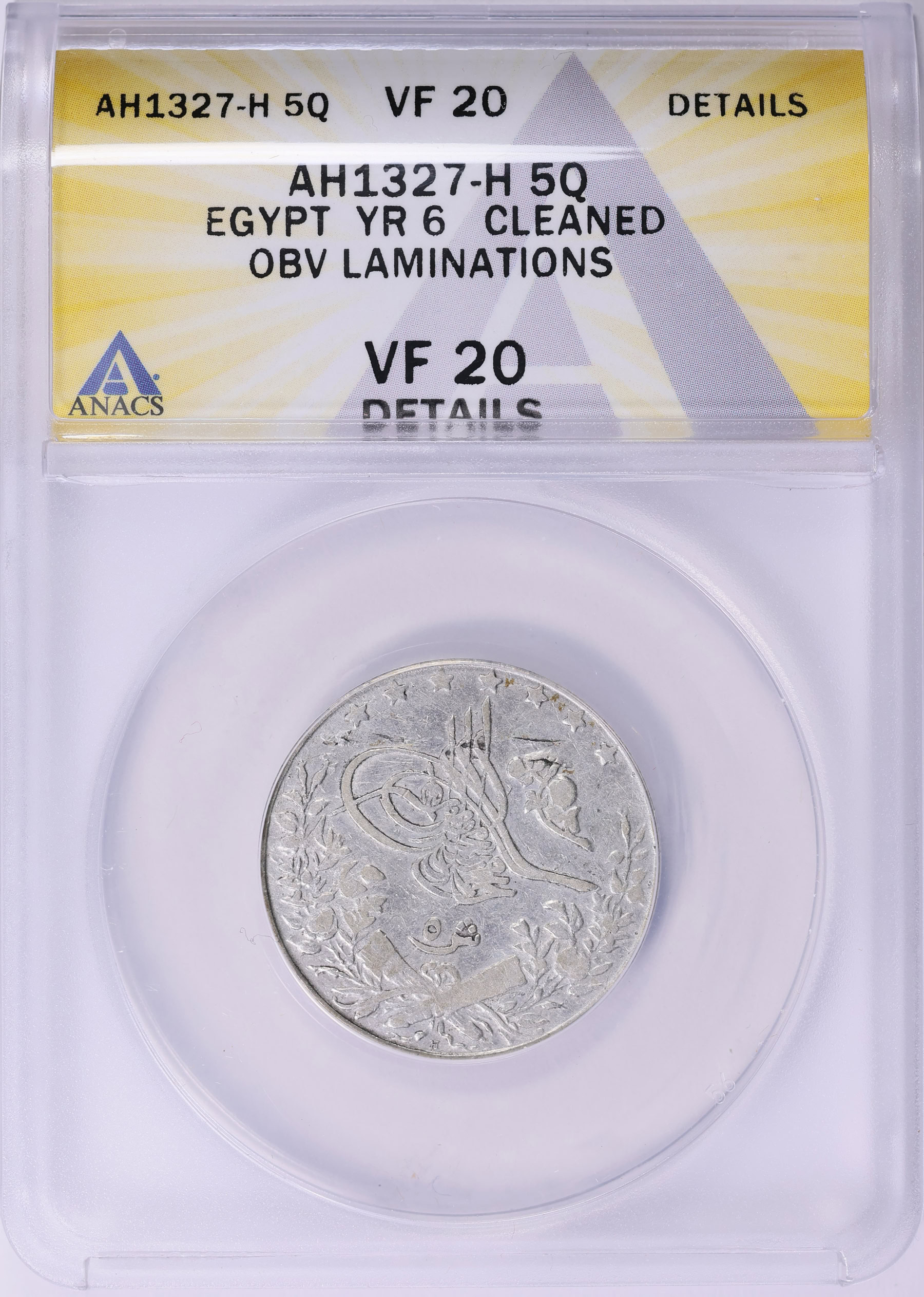 Egypt AH 1327 Year 6 (1914)-H Silver 5 Qirsh KM-308 ANACS VF-20 Details (Item 1908641 ...