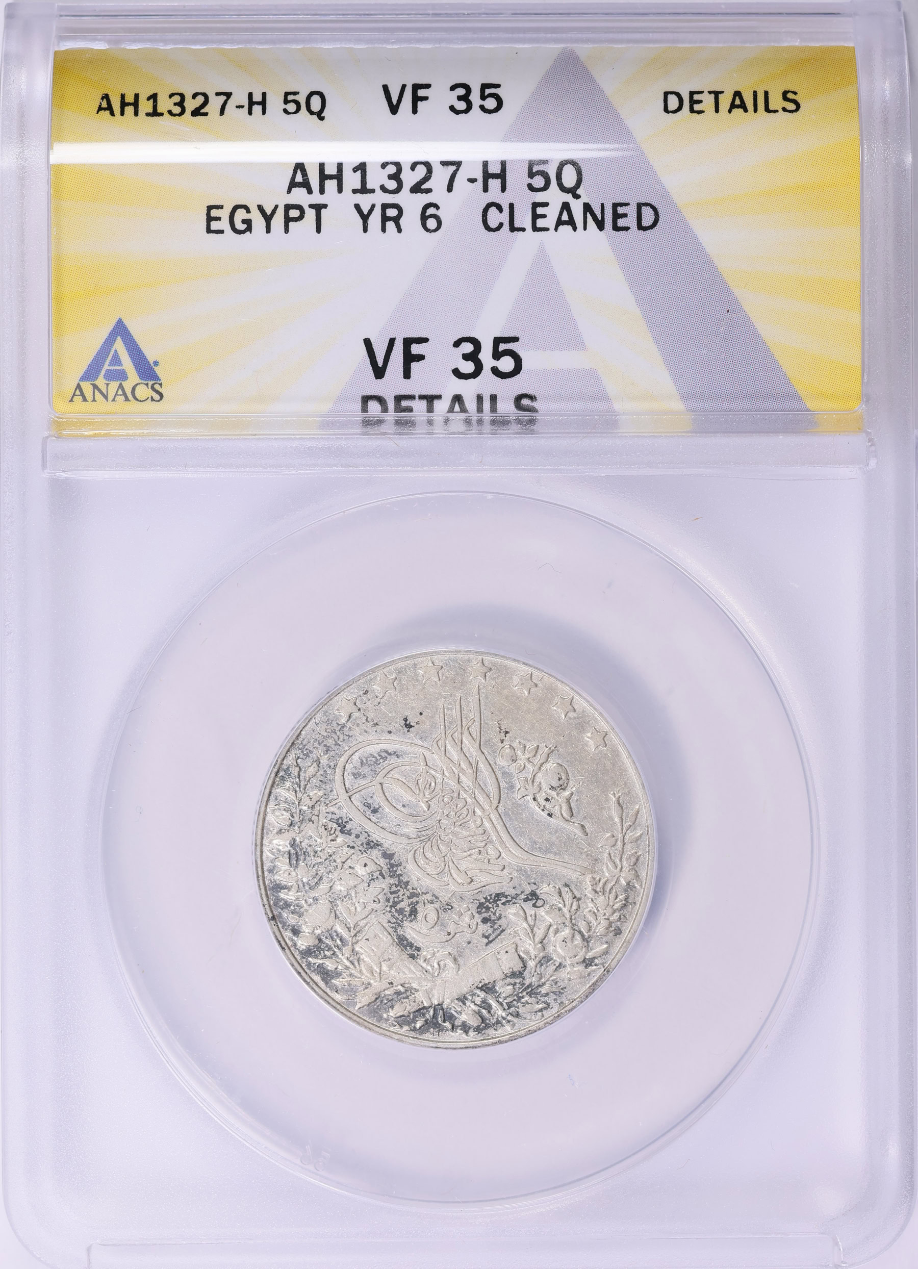 Egypt AH 1327 Year 6 (1914)-H Silver 5 Qirsh KM-308 ANACS VF-35 Details (Item 1908642 ...
