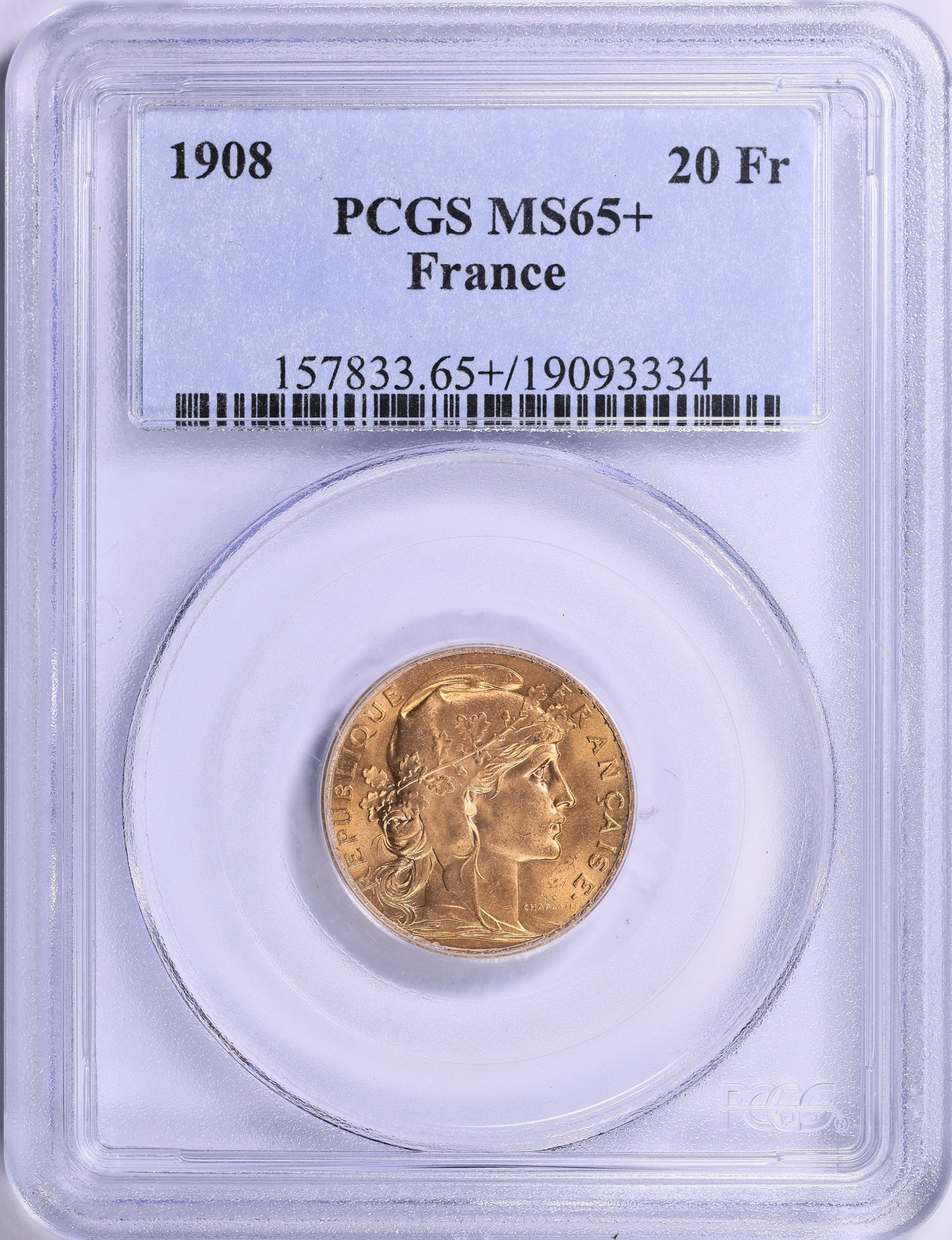 France 1908 Gold 20 Francs KM-857 PCGS MS-65+ (AGW = 0.1866 Oz.) (Item ...