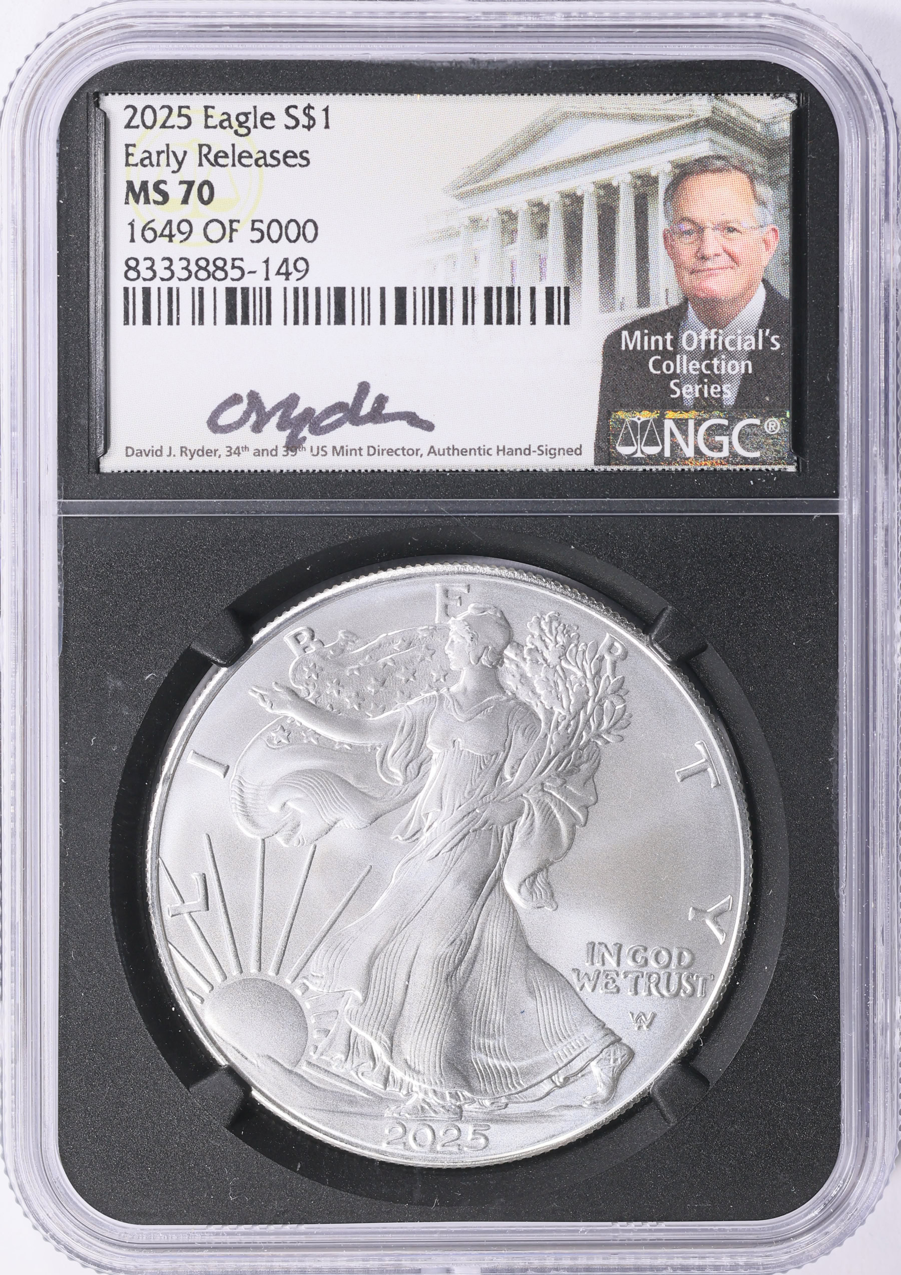 2025 $1 Silver Eagle Early Releases NGC MS-70 (David J. Ryder Signed ...