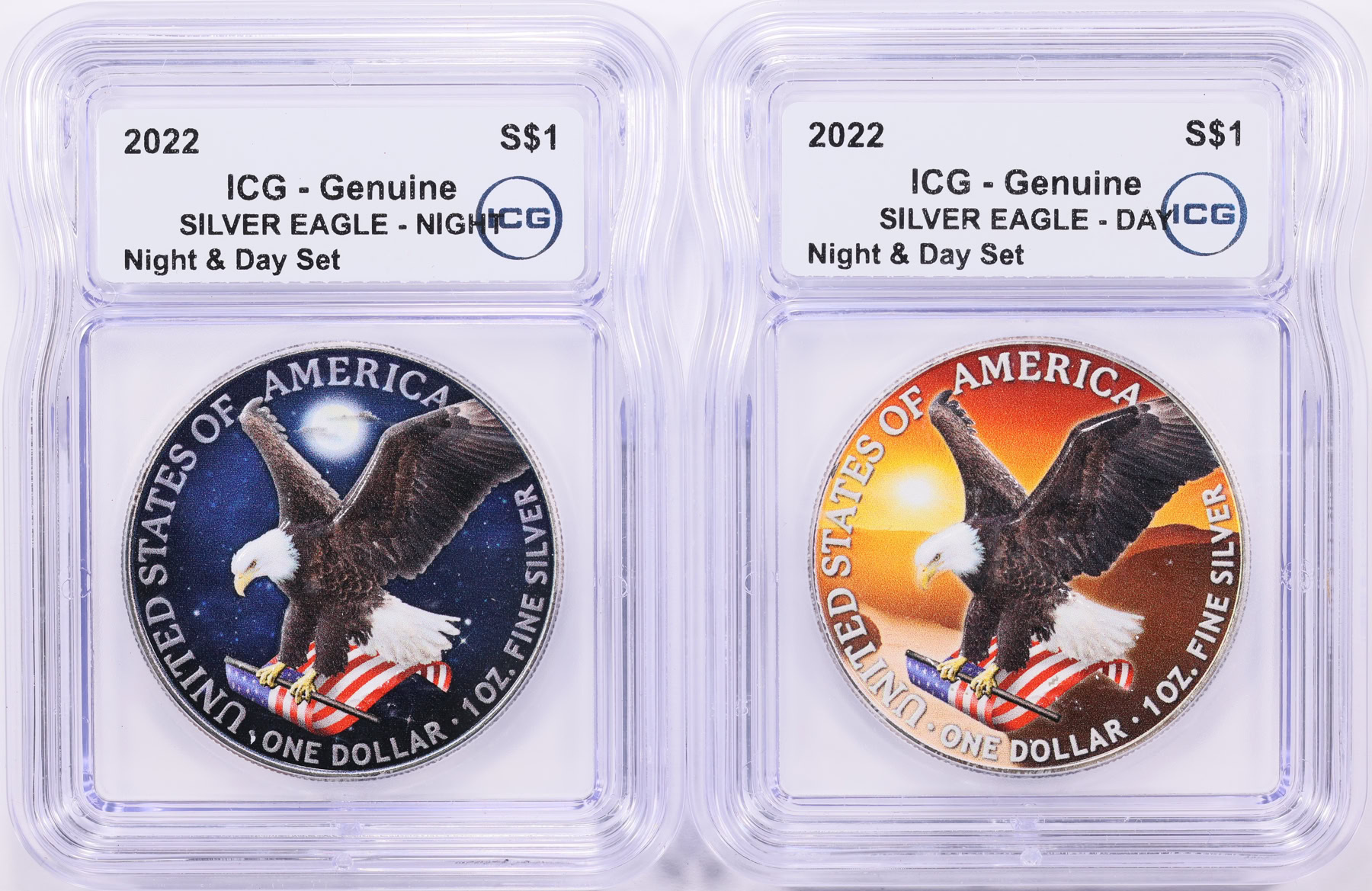 2022 $1 Colorized Silver Eagles Night & Day Private Mint Set ICG ...