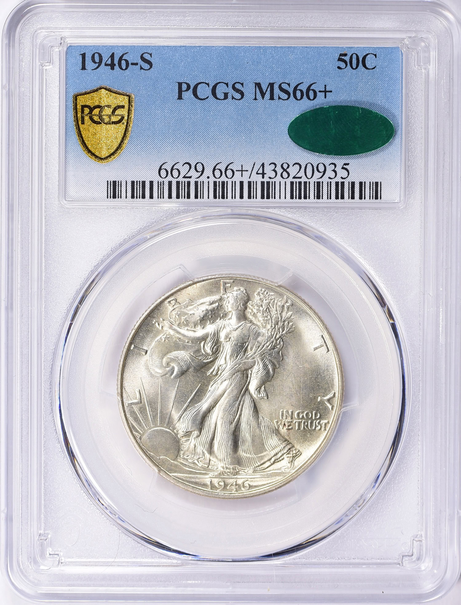 1946-S Walking Liberty Half Dollar PCGS MS-66+ (CAC Green) (Item 1909461) | GreatCollections ...