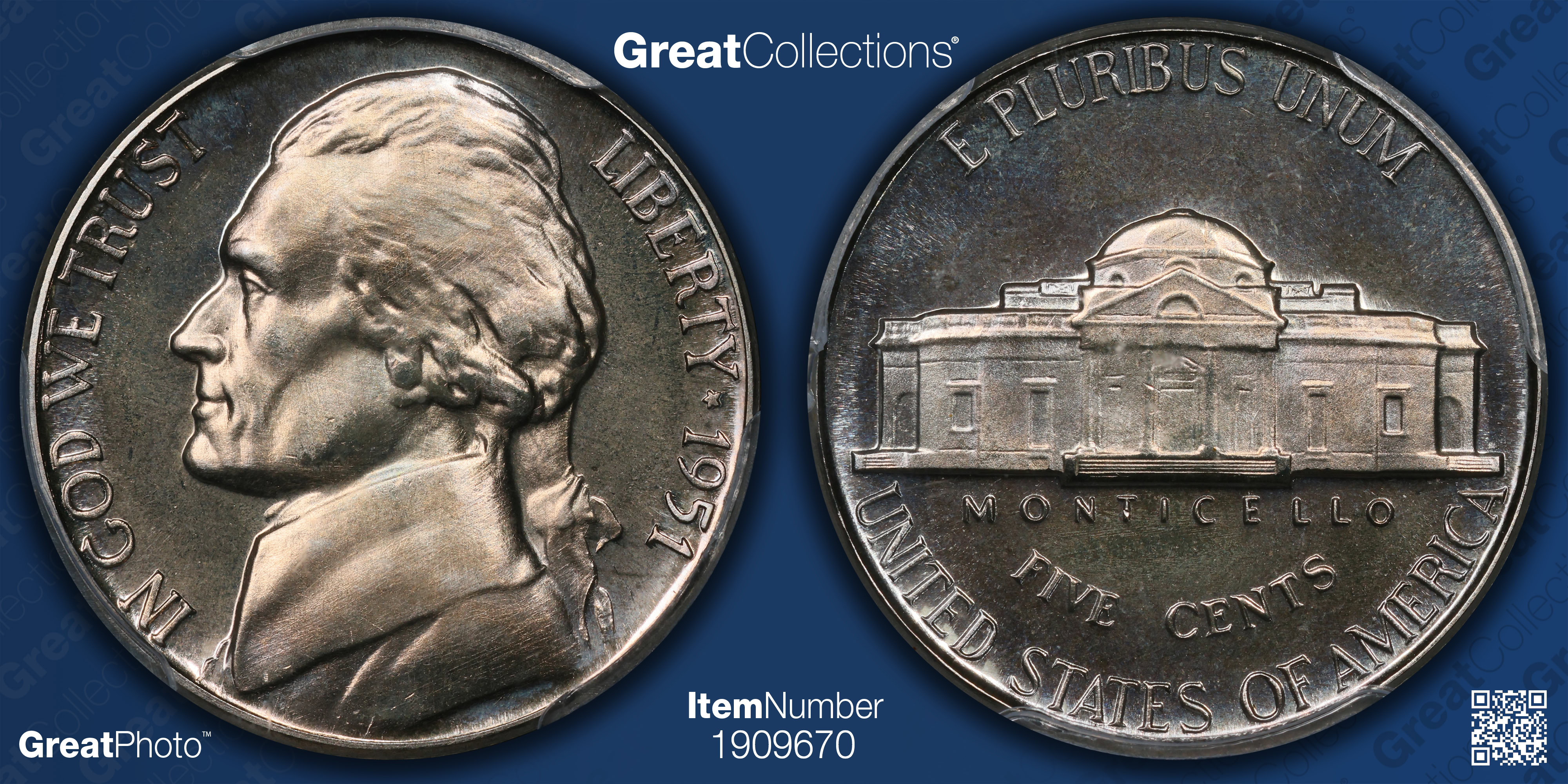1951 Jefferson Nickel PCGS Proof-67 (Item 1909670) | GreatCollections ...