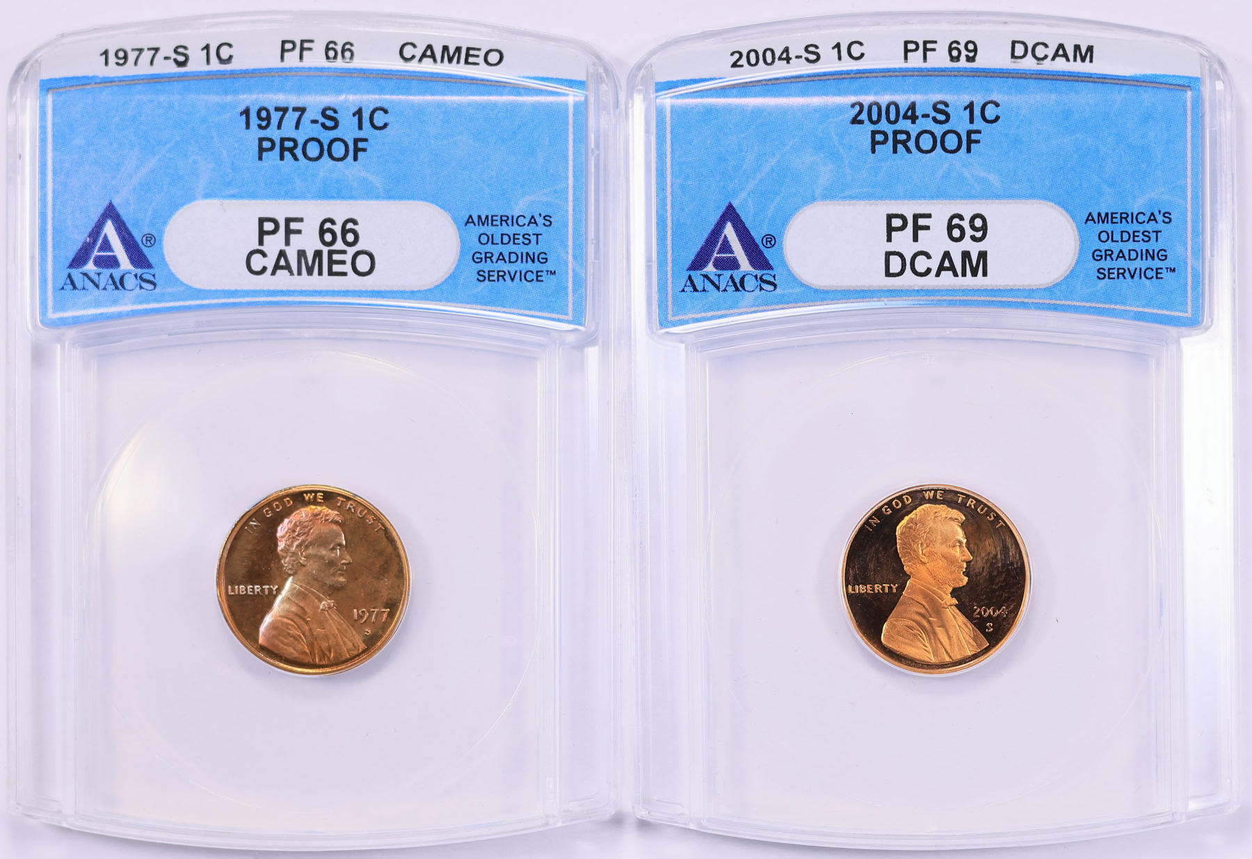 1977-S and 2004-S Lincoln Cent ANACS Proof-66 CAMEO/Proof-69 DCAM (2 ...