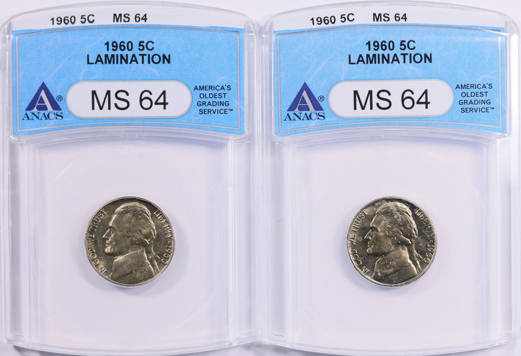 Mint Error 1960 Jefferson Nickel Lamination ANACS MS-64 (2 Coins ...