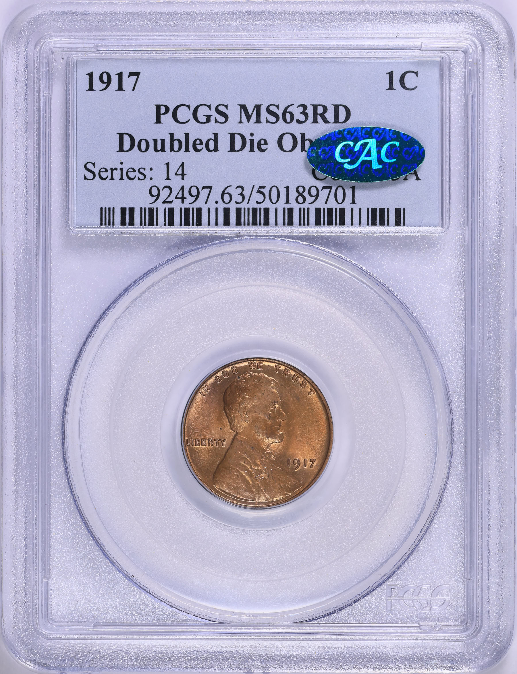 1917 Lincoln Cent Doubled Die Obverse PCGS MS-63 RD (CAC Green) (Item ...