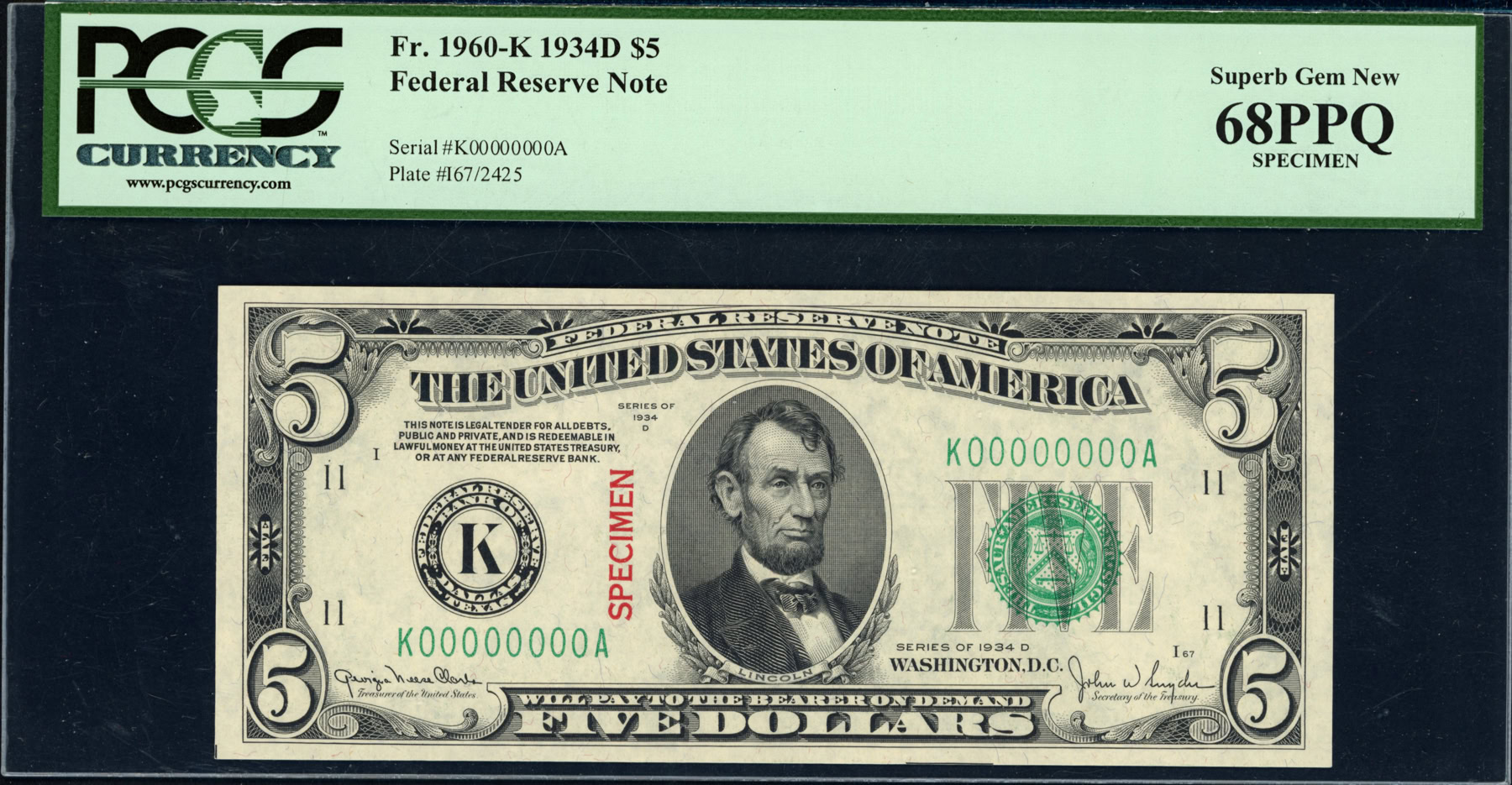 Fr. 1960-K (KA Block) 1934D $5 Dallas Federal Reserve Solid 0s Serial ...