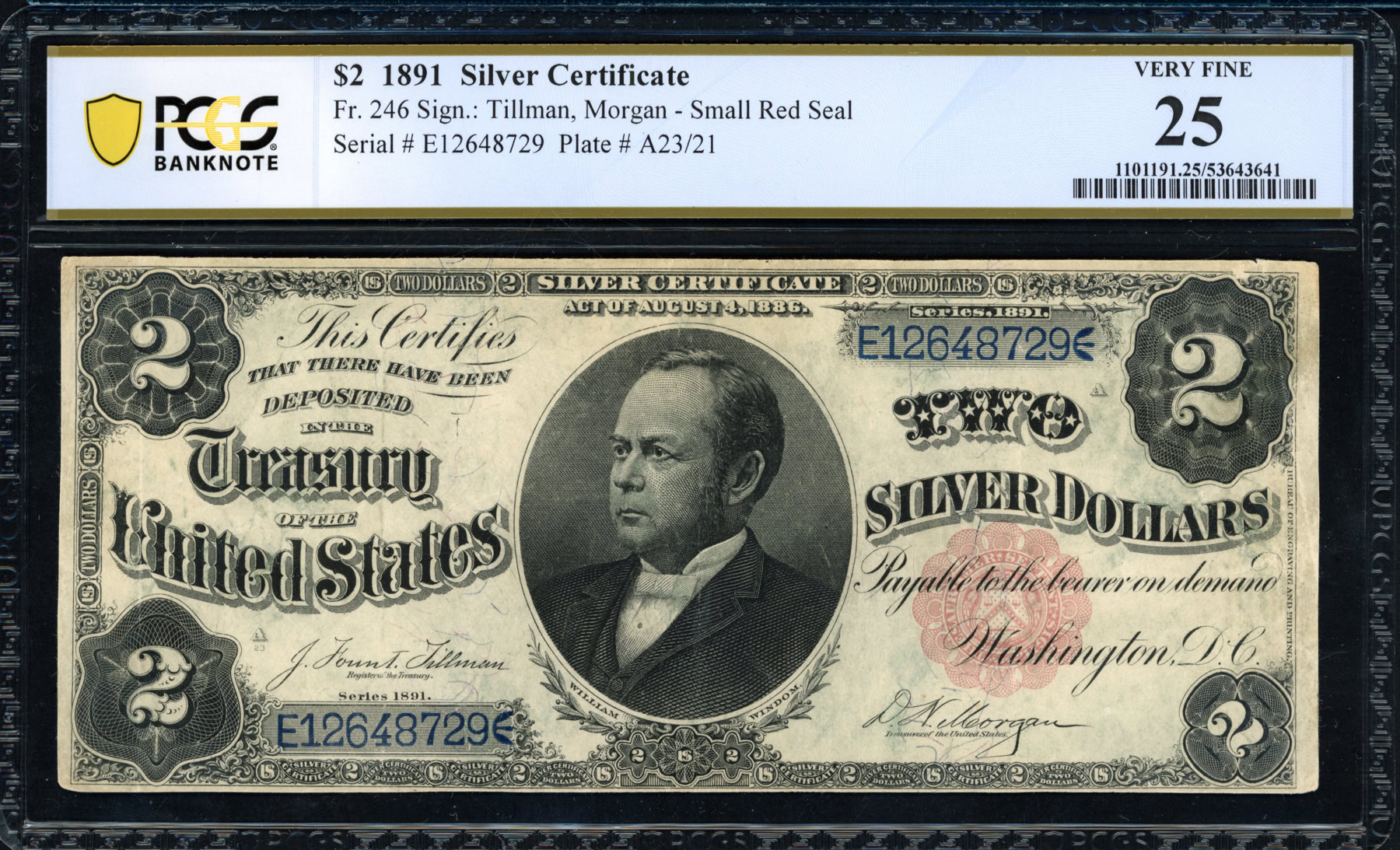Fr. 246 1891 $2 Silver Certificate Note Tillman / Morgan PCGS Banknote ...