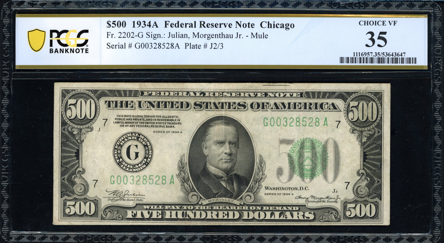 Fr. 2202-G (GA Block) 1934A $500 Chicago Federal Reserve Note Julian ...