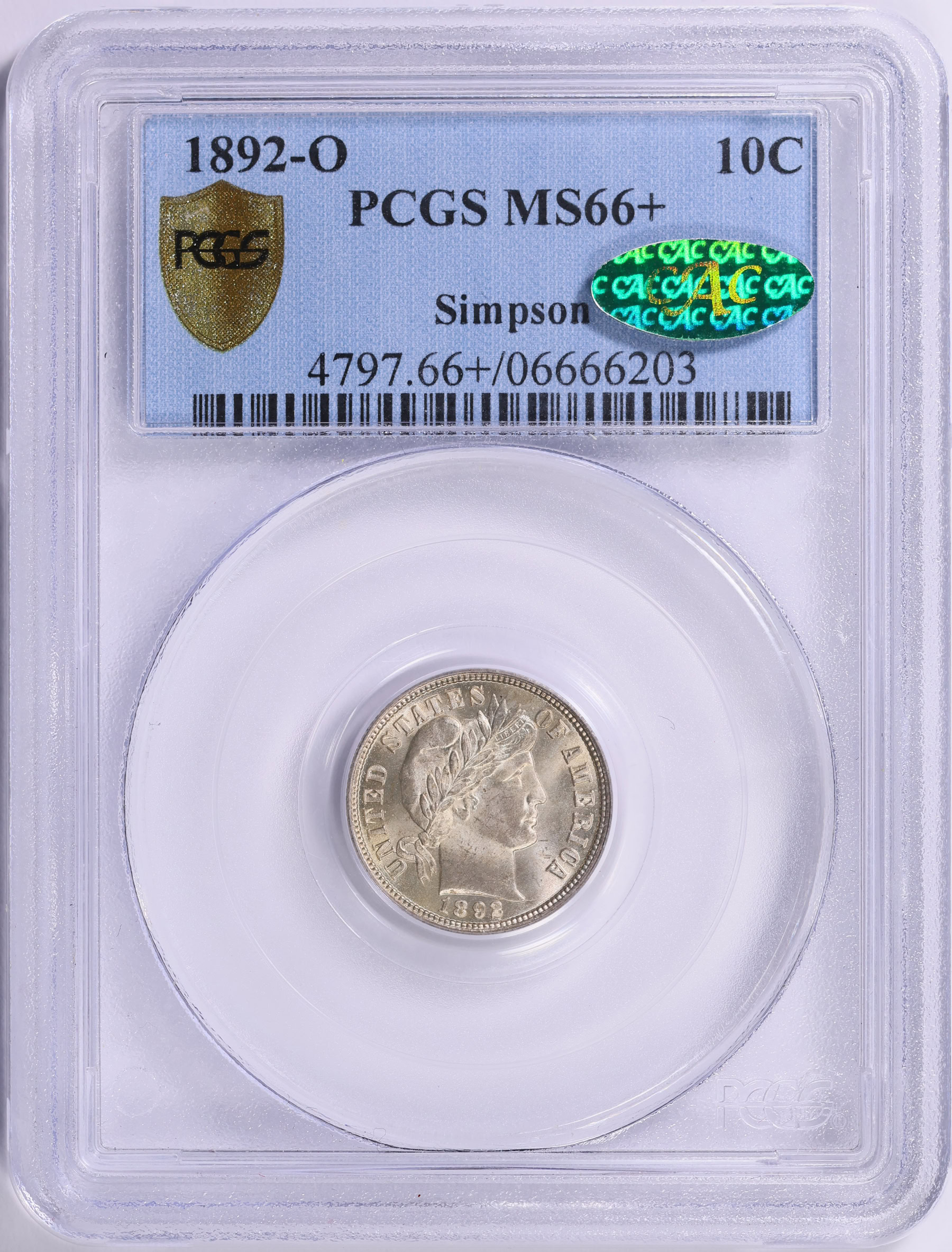 1892-O Barber Dime PCGS MS-66+ (CAC Green) (Simpson Collection) (Item 1911045 ...