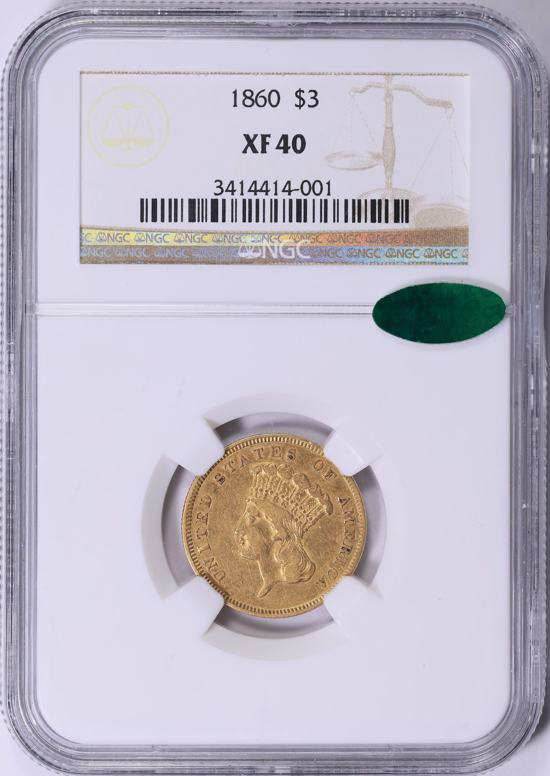 1860 Three-Dollar Gold Piece NGC XF-40 (CAC Green) (Item 1911090 ...