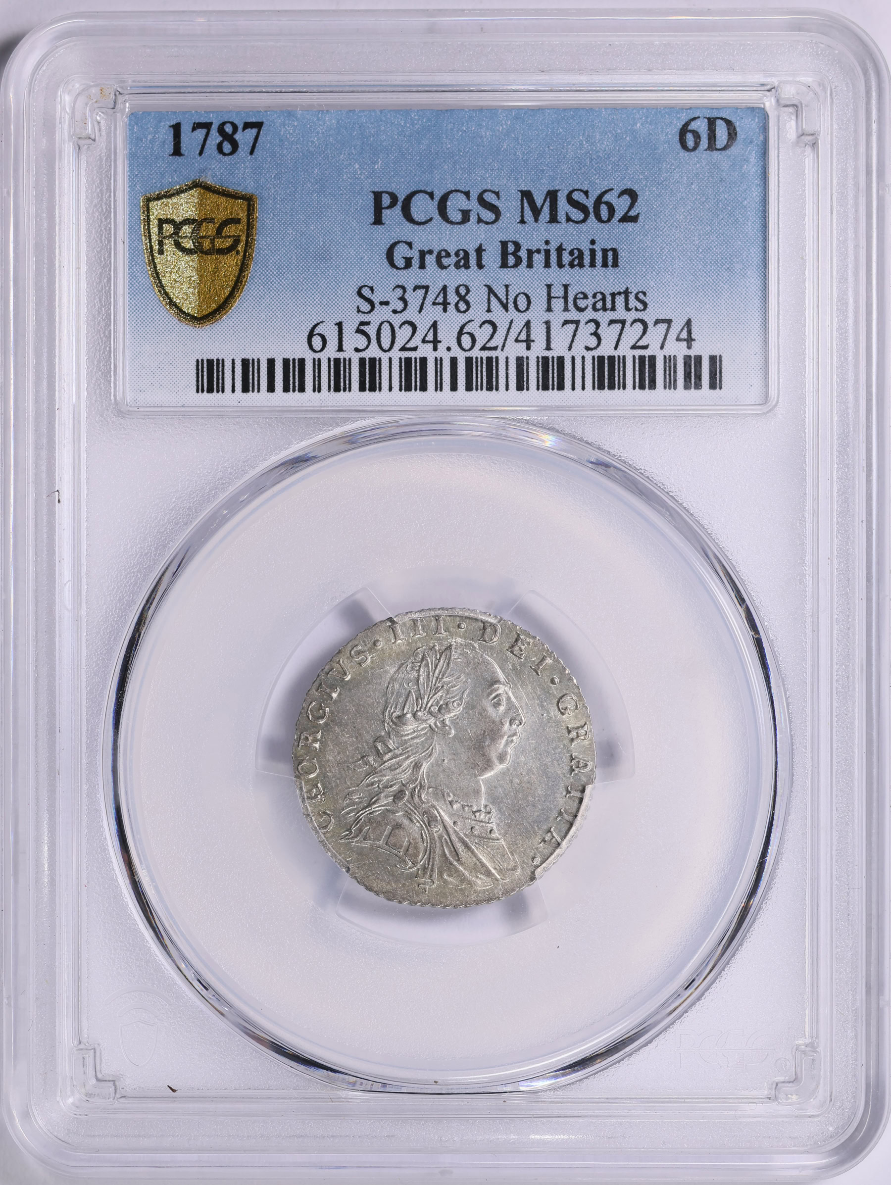 Great Britain 1787 Silver 6 Pence No Hearts KM-606.1 PCGS MS-62 (Item 1911182 ...
