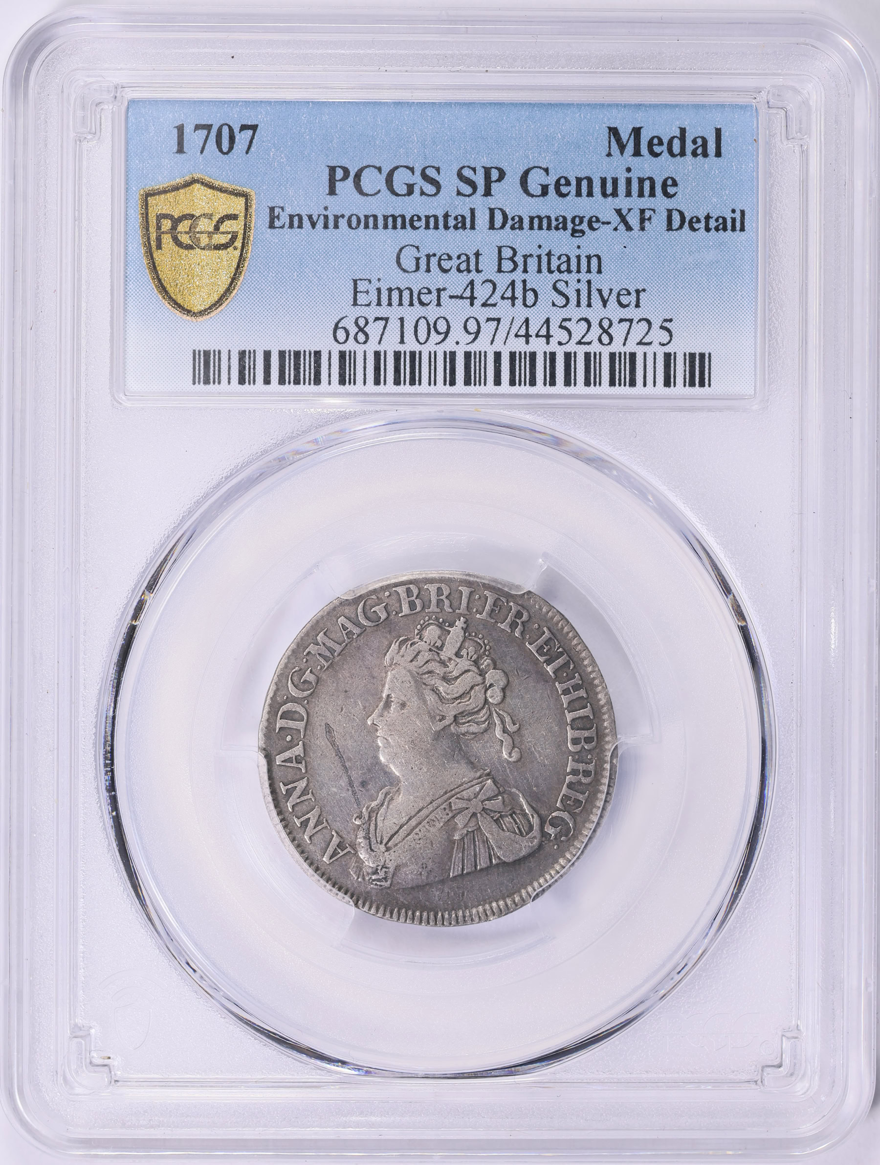 Great Britain 1707 Silver 26mm Act of Union Medal PCGS SP Genuine XF ...