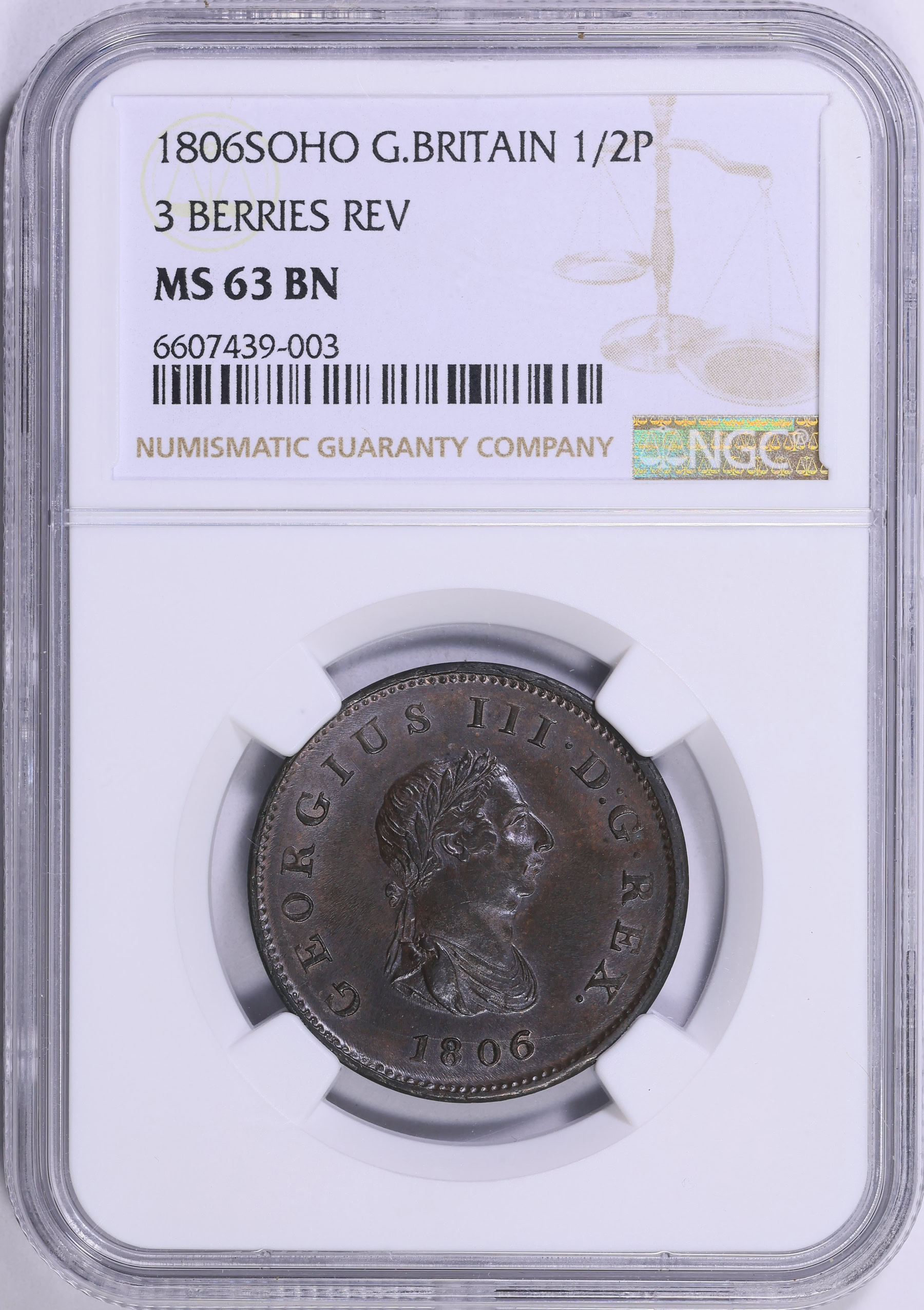 Great Britain 1806-SOHO 1/2 Penny 3 Berries Reverse KM-662 NGC MS-63 BN ...