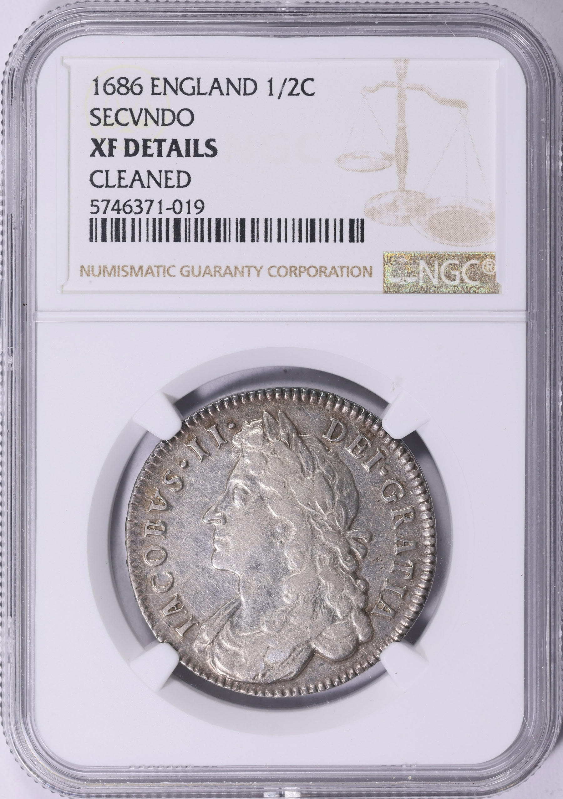 Great Britain 1686 Silver 1/2 Crown SECVNDO Edge KM-452 NGC XF Details ...