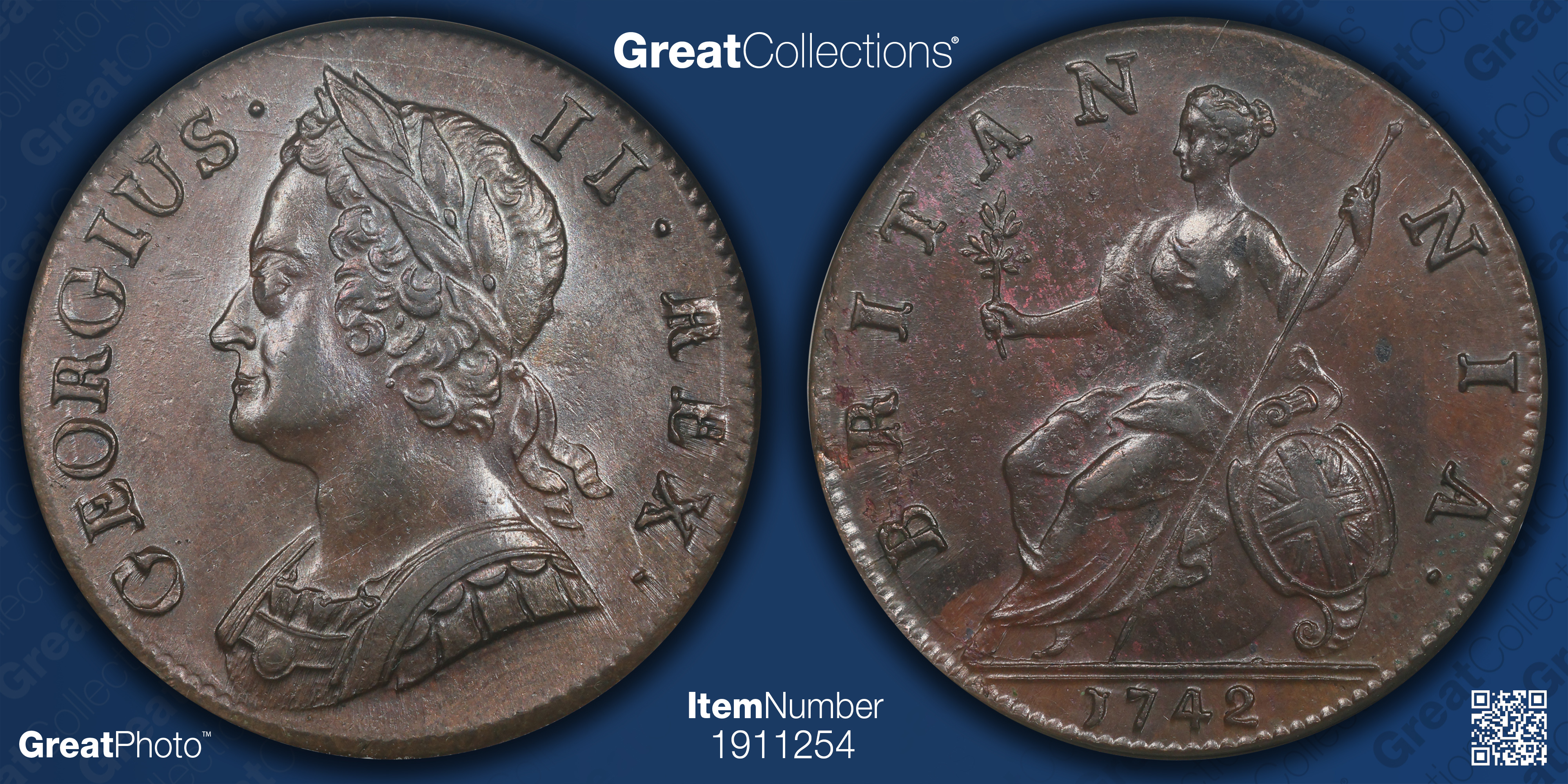 Great Britain 1742 1/2 Penny KM-579.1 ANACS AU-58 BN OH (Item 1911254 ...
