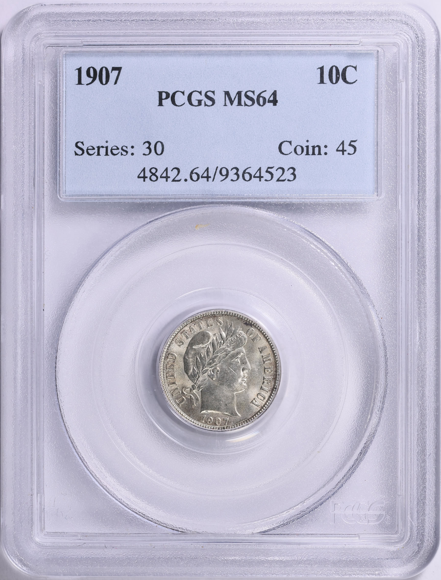 1907 Barber Dime PCGS MS-64 (Item 1911747) | GreatCollections Coin Auctions