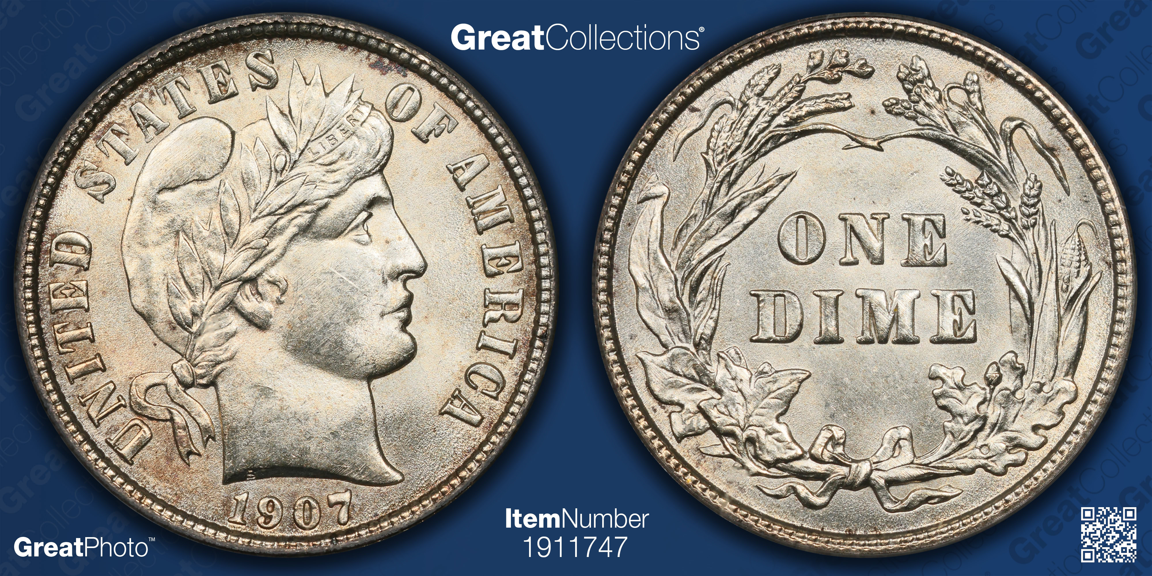 1907 Barber Dime PCGS MS-64 (Item 1911747) | GreatCollections Coin Auctions