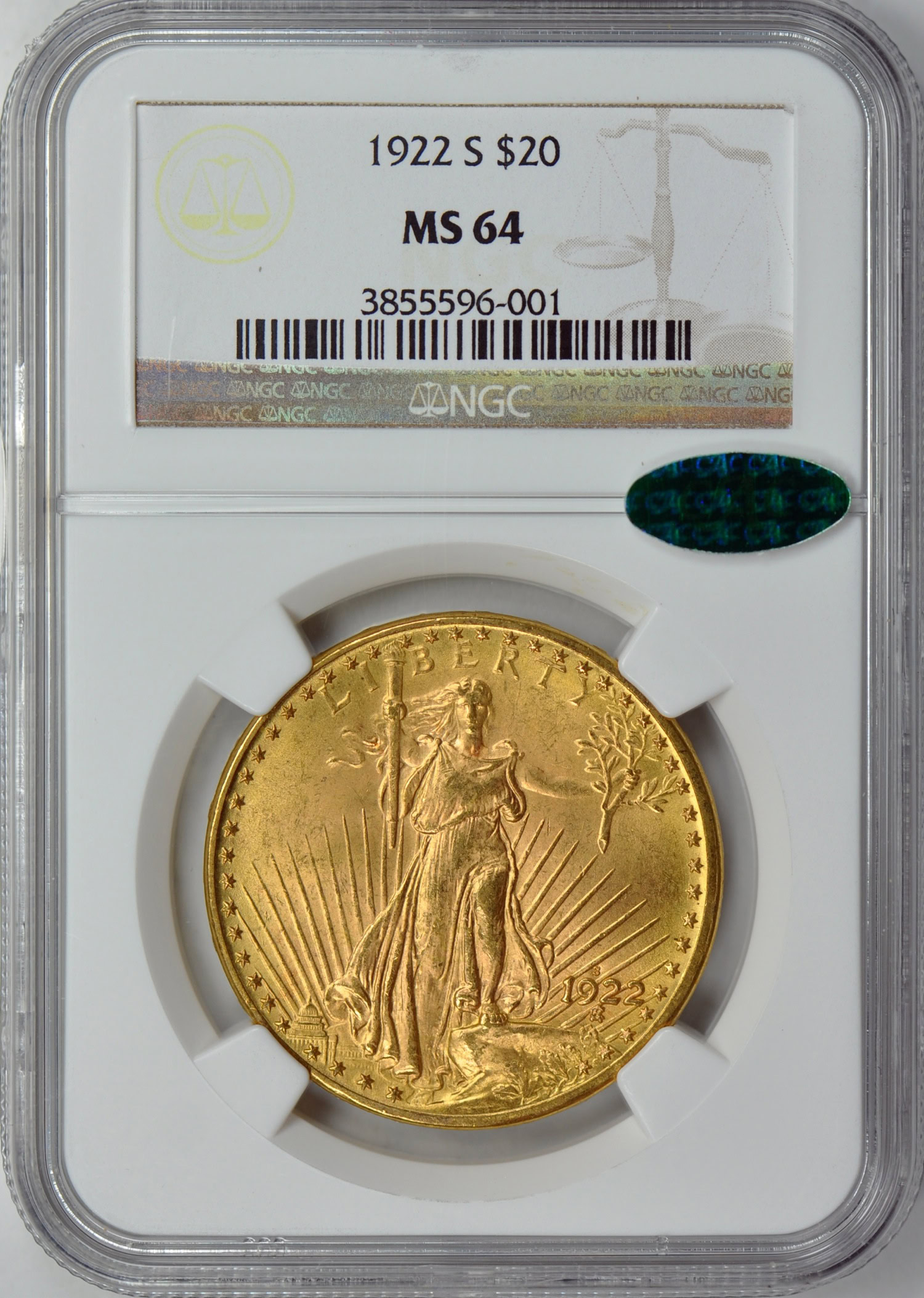 1922-S Saint-Gaudens Gold Double Eagle NGC MS-64 (CAC Green) (Item 191230) | GreatCollections ...