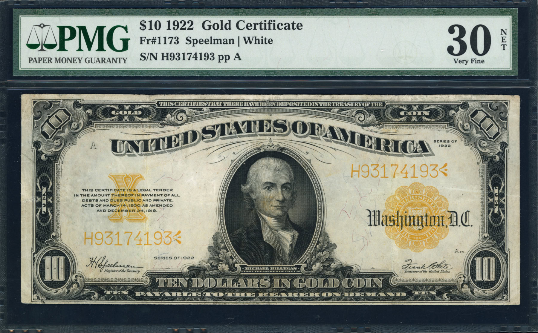 Fr. 1173 1922 $10 Gold Certificate Note Speelman / White PMG Very Fine ...