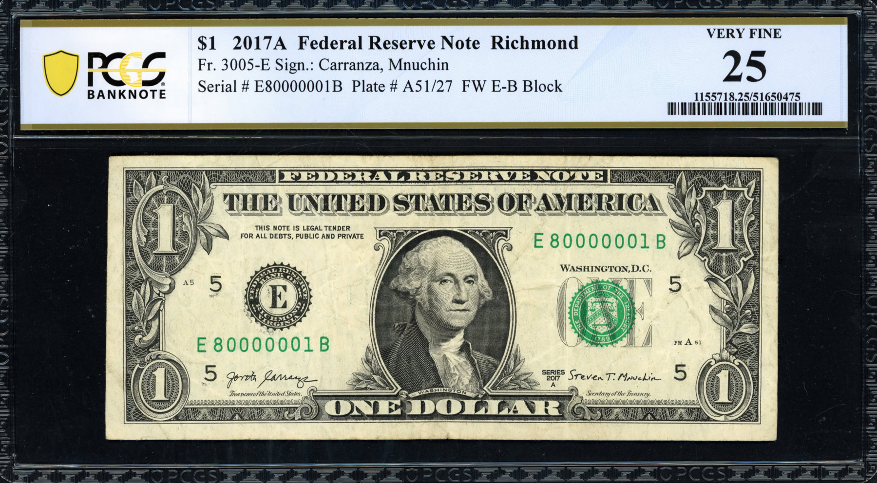 Fr. 3005-E (EB Block) 2017A $1 Richmond Federal Reserve Note *High ...
