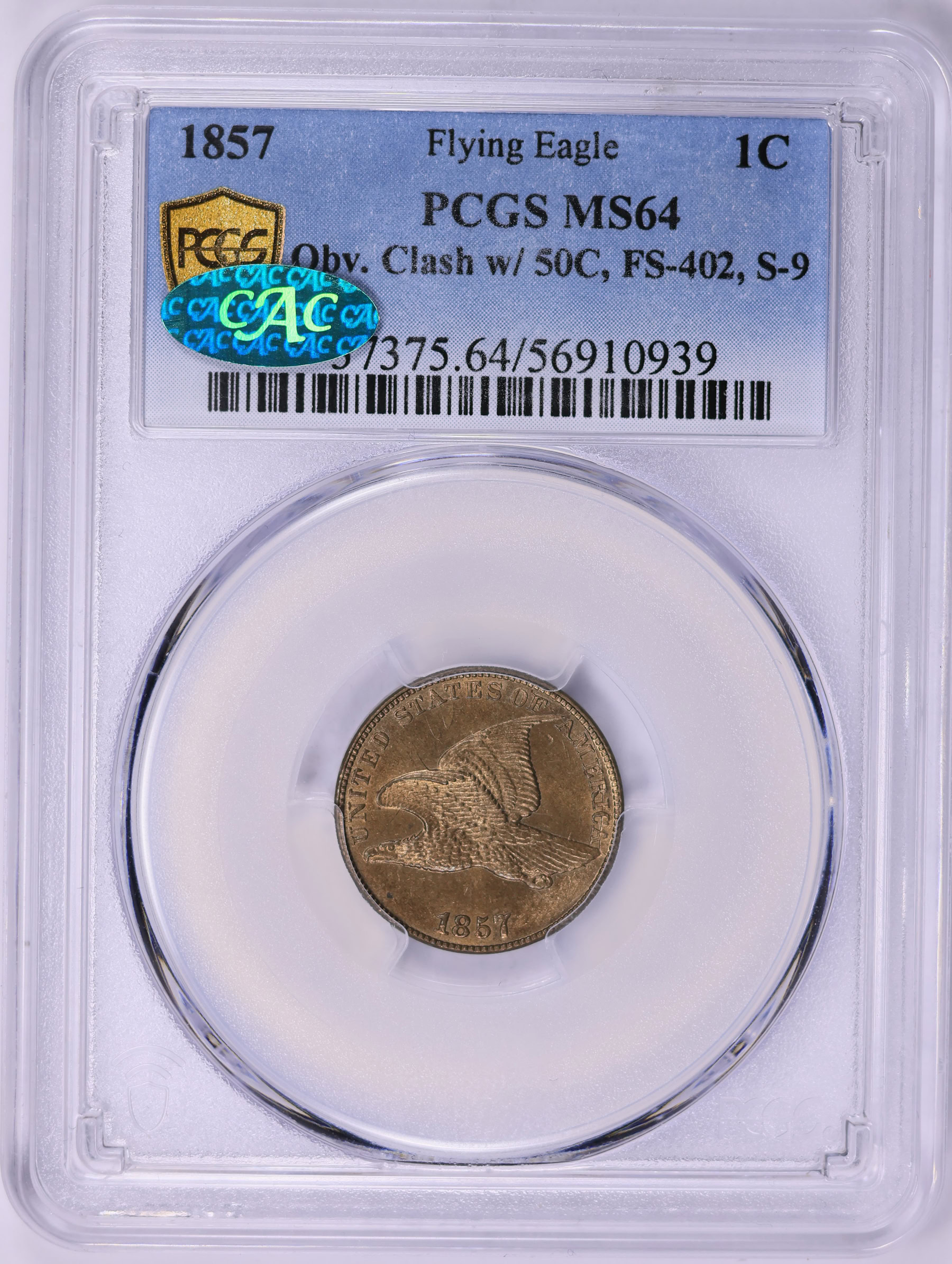 1857 Flying Eagle Cent Obverse Clash with 50C, FS-402, S-9 PCGS MS-64 ...