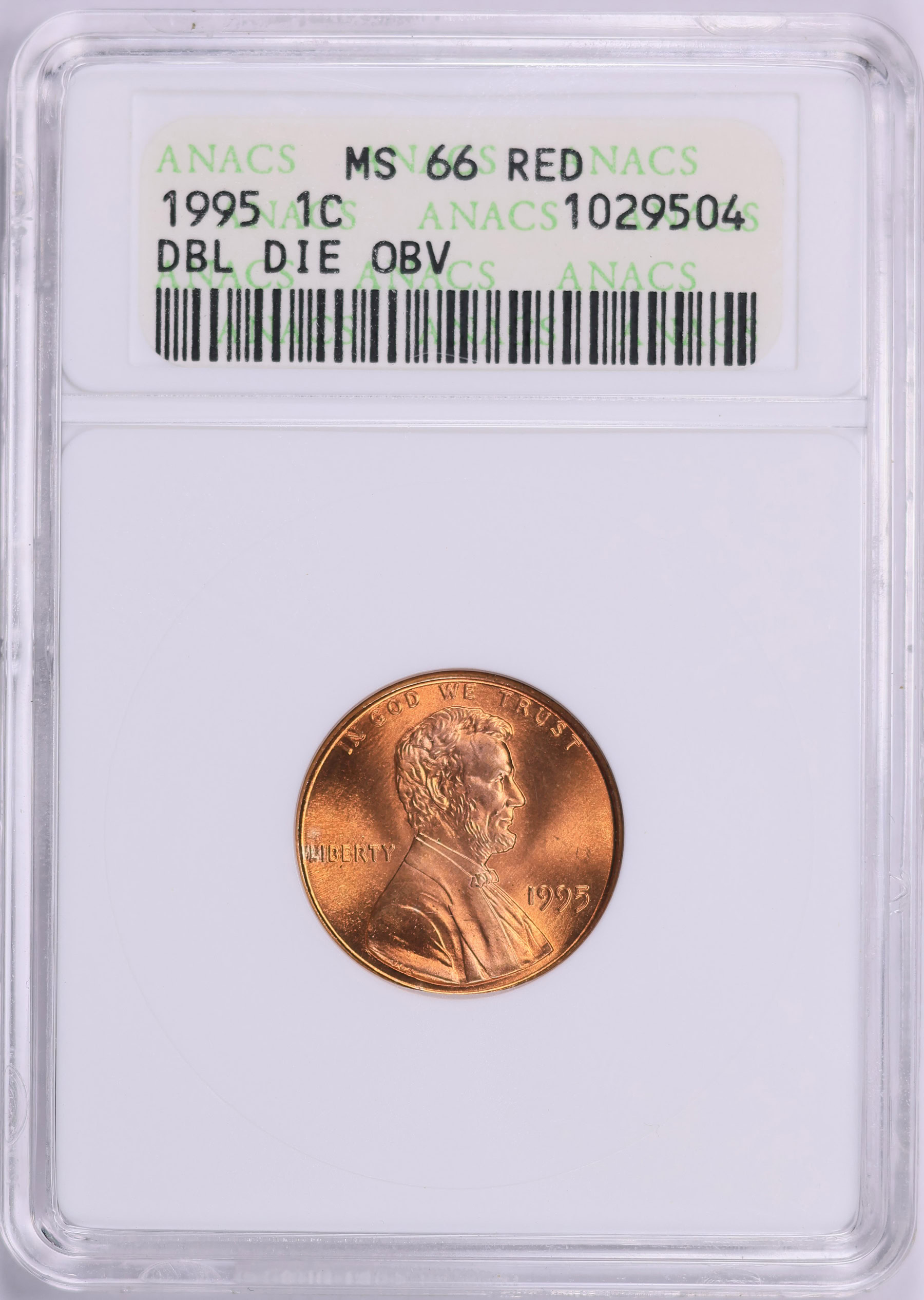 1995 Lincoln Cent Doubled Die Obverse ANACS MS-66 RD OH (Item 1914674) | GreatCollections Coin ...