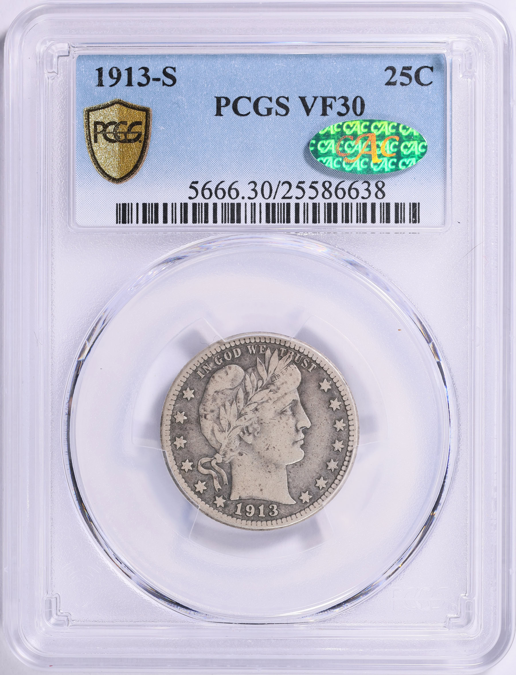 1913-S Barber Quarter PCGS VF-30 (CAC Green) (Item 1916017 ...