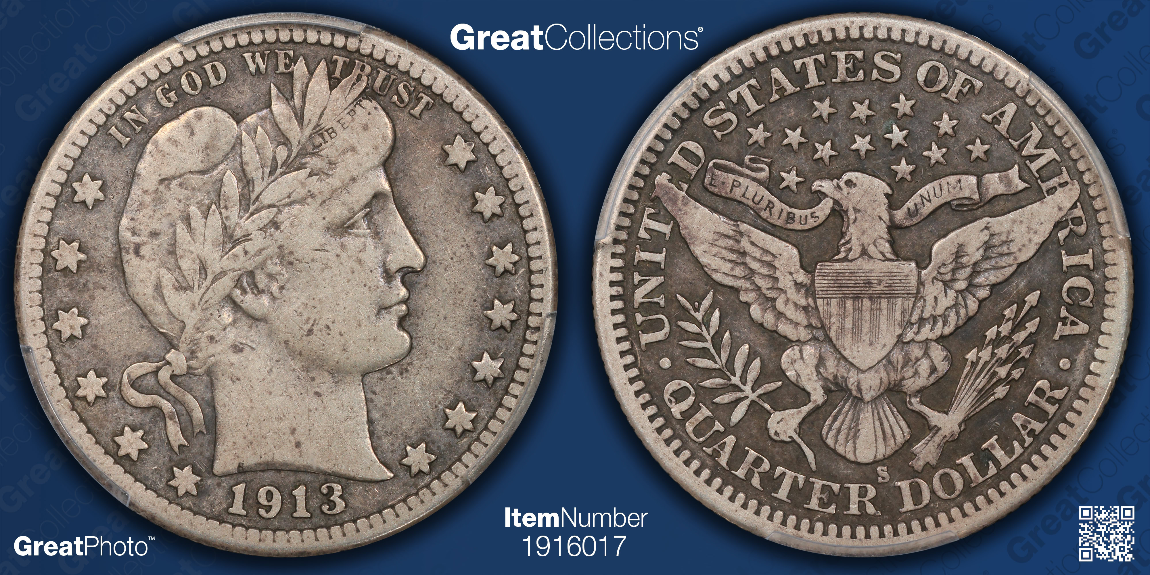 1913-S Barber Quarter PCGS VF-30 (CAC Green) (Item 1916017 ...