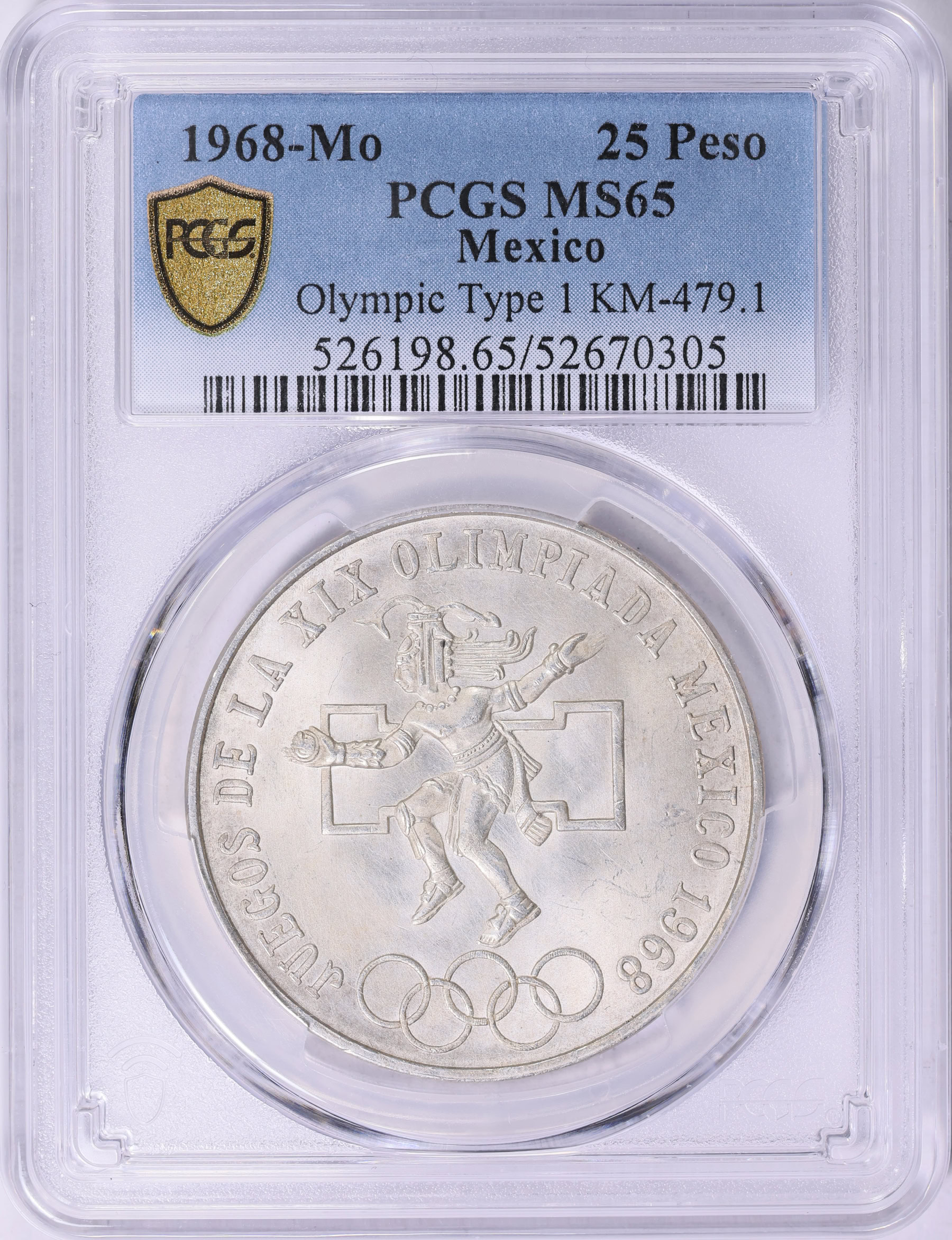 Mexico 1968-Mo Silver 25 Pesos Olympics Type 1 KM-479.1 PCGS MS-65 ...