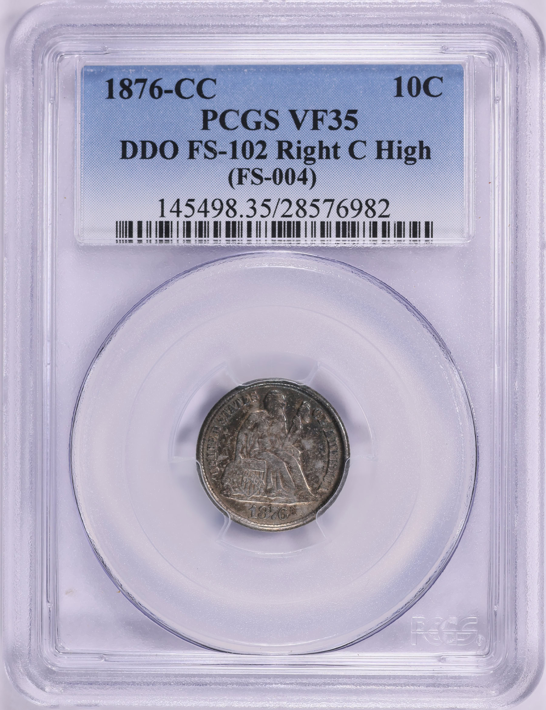 1876-CC Seated Liberty Dime Double Die Obverse, Right C High FS-102 (FS-004) PCGS VF-35 (Toned ...