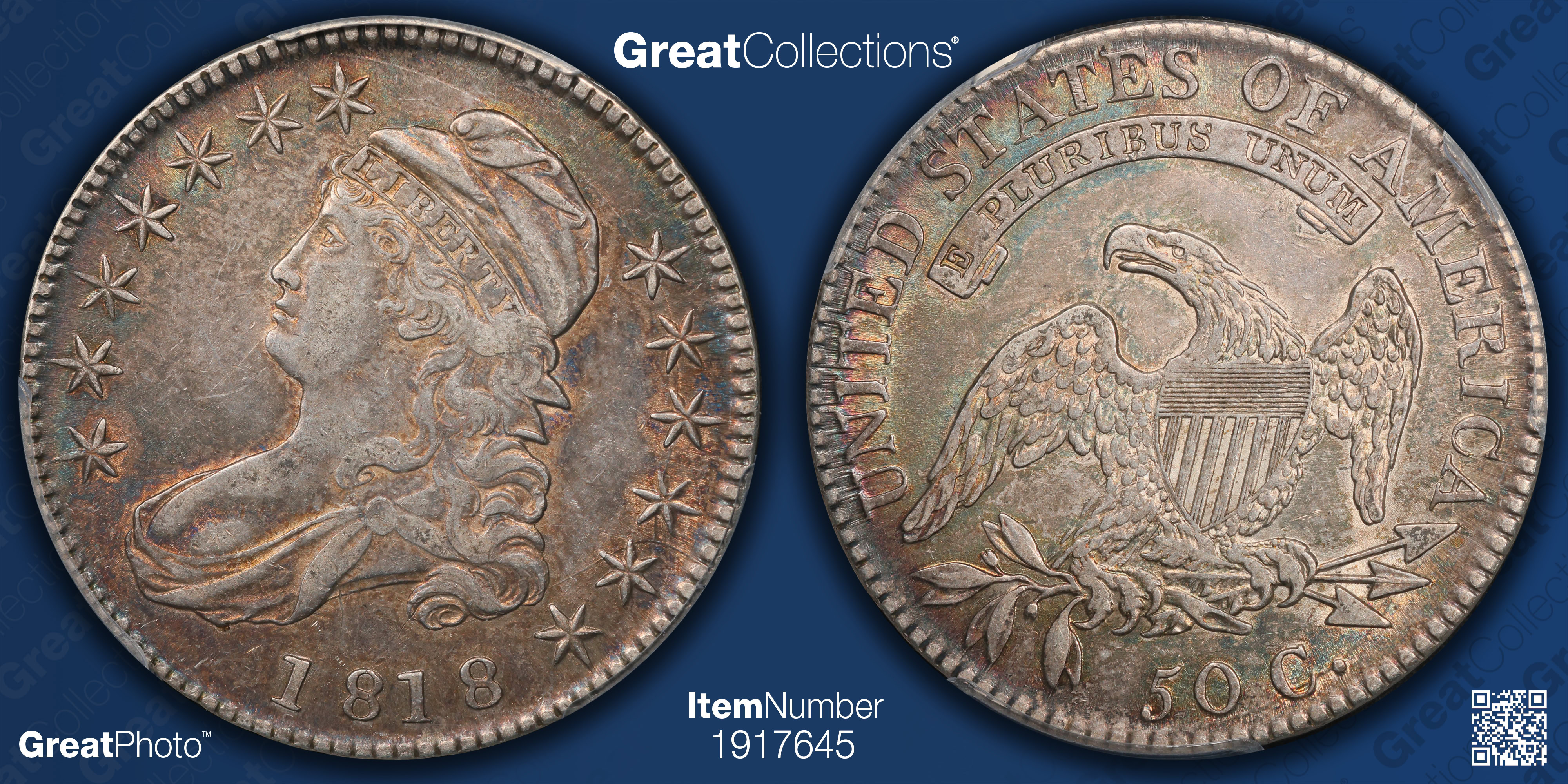 1818 Capped Bust Half Dollar Overton 114a PCGS XF-45 (CAC Green) (Toned ...