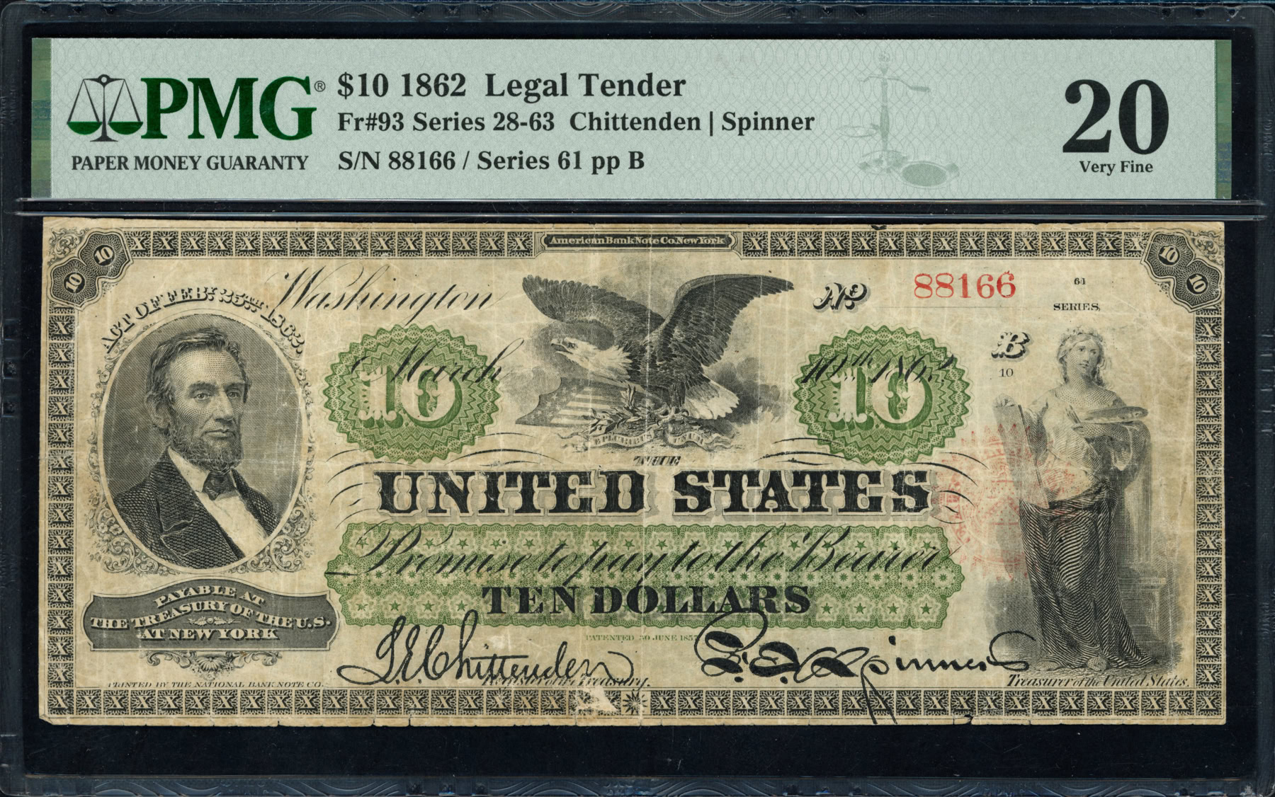 Fr. 93 1862 $10 Legal Tender Note Series 61 Chittenden / Spinner PMG ...