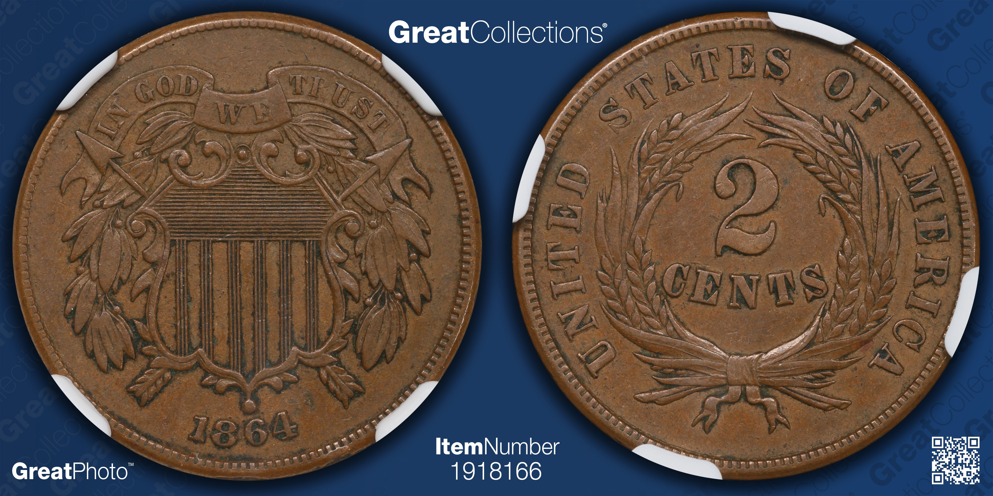 Mint Error 1864 Two-Cent Piece Large Motto Rotated Dies NGC AU-53 BN ...