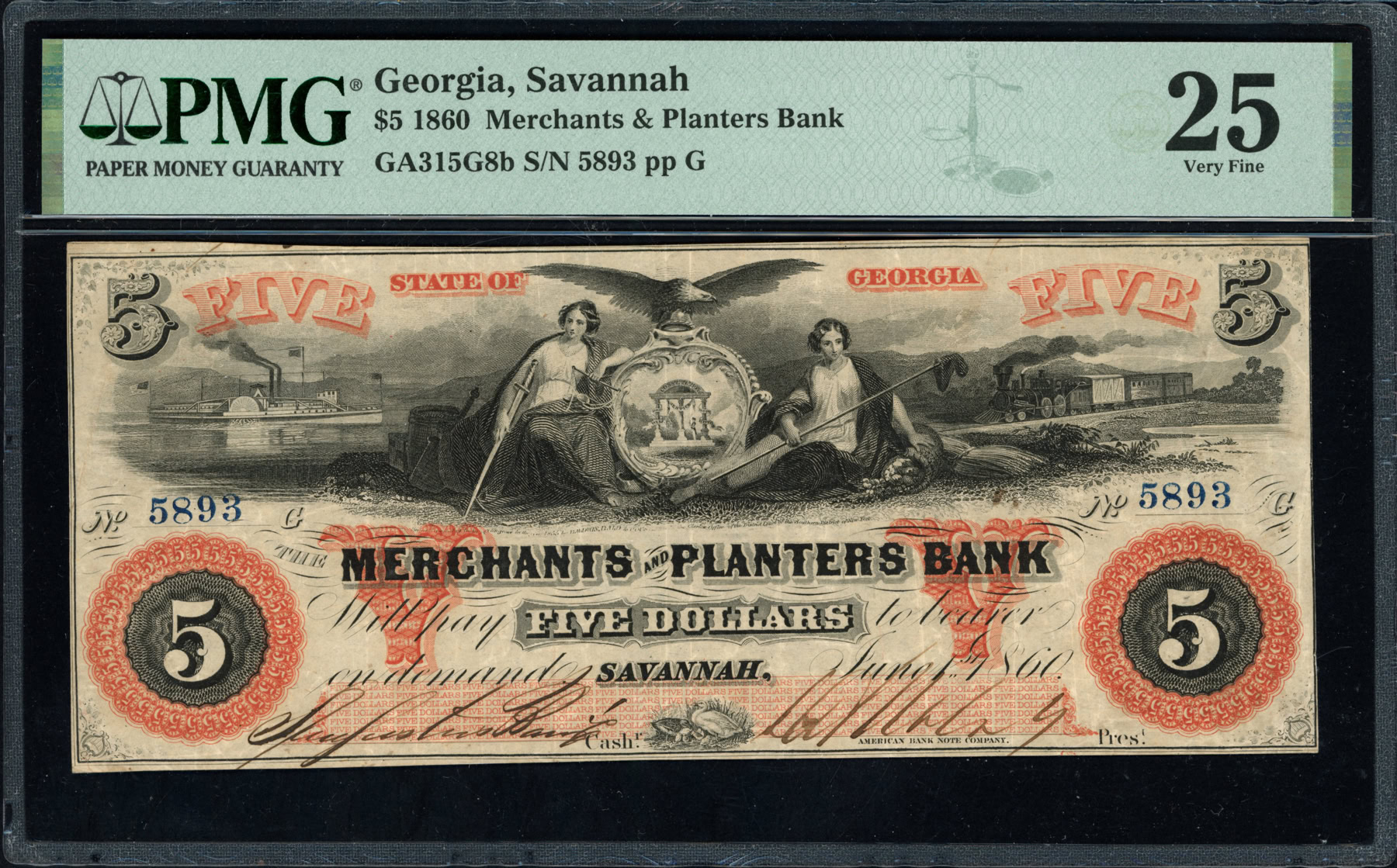 1860 Savannah, Georgia Merchants & Planters Bank $5 Note PMG Very Fine ...