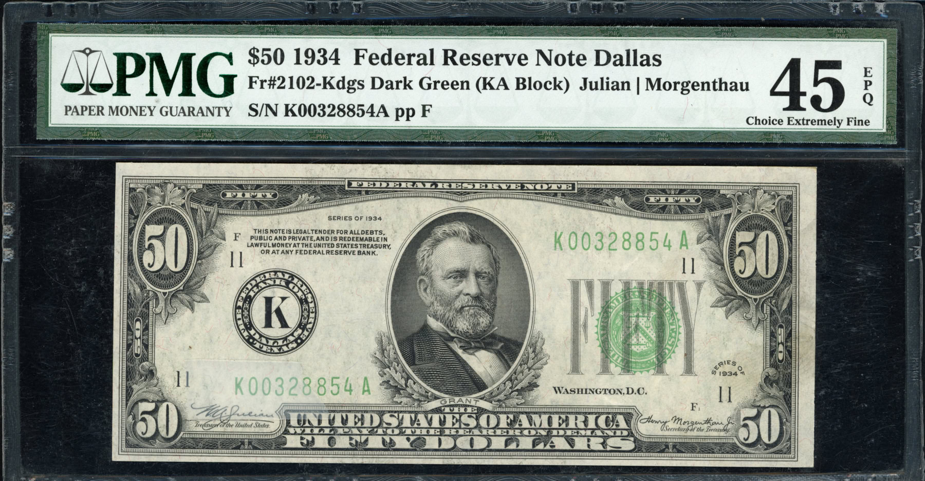 Fr. 2102-Kdgs Dark Green (KA Block) 1934 $50 Dallas Federal Reserve ...