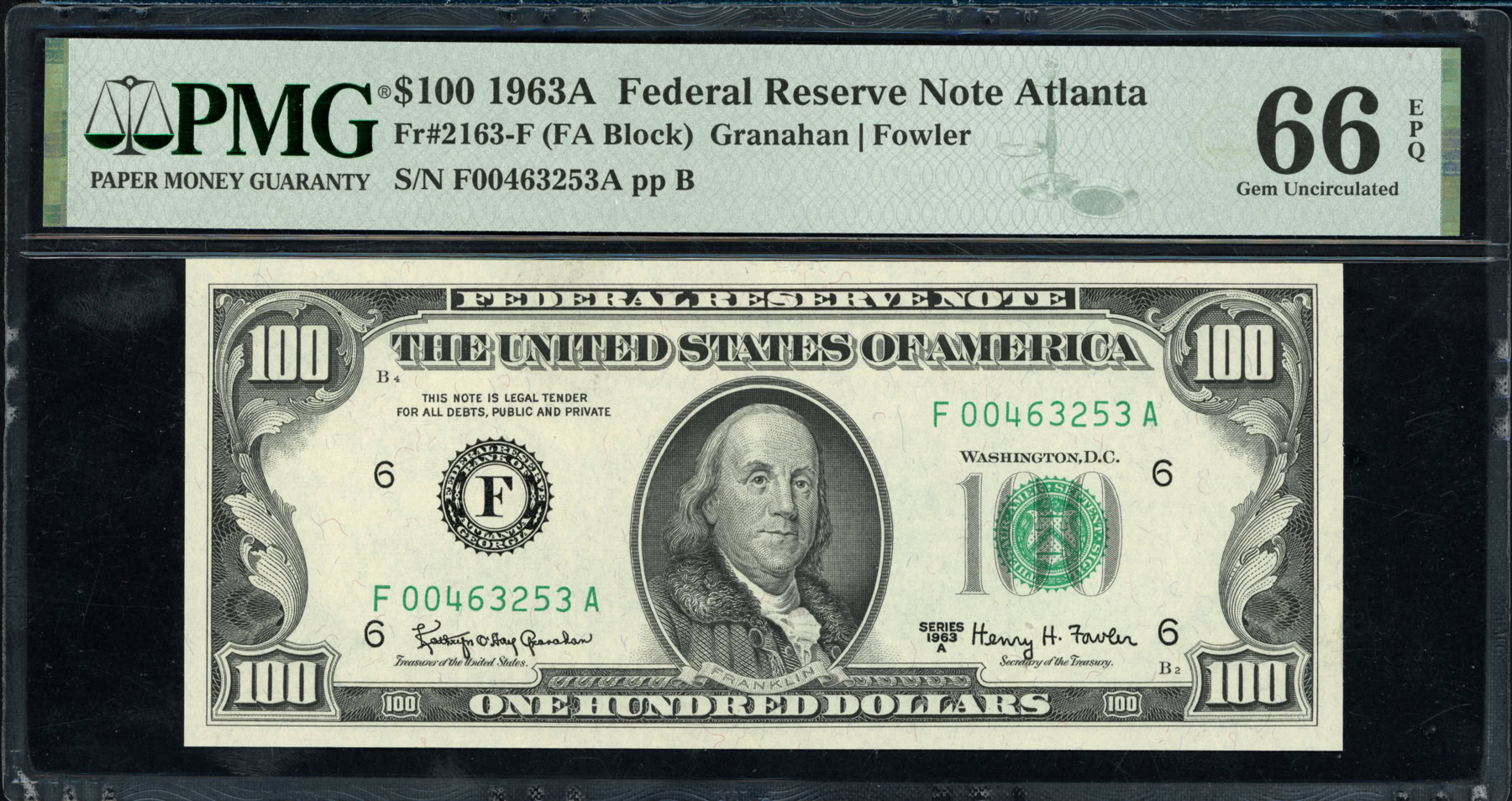 Fr. 2163-F (FA Block) 1963A $100 Atlanta Federal Reserve Note Granahan ...