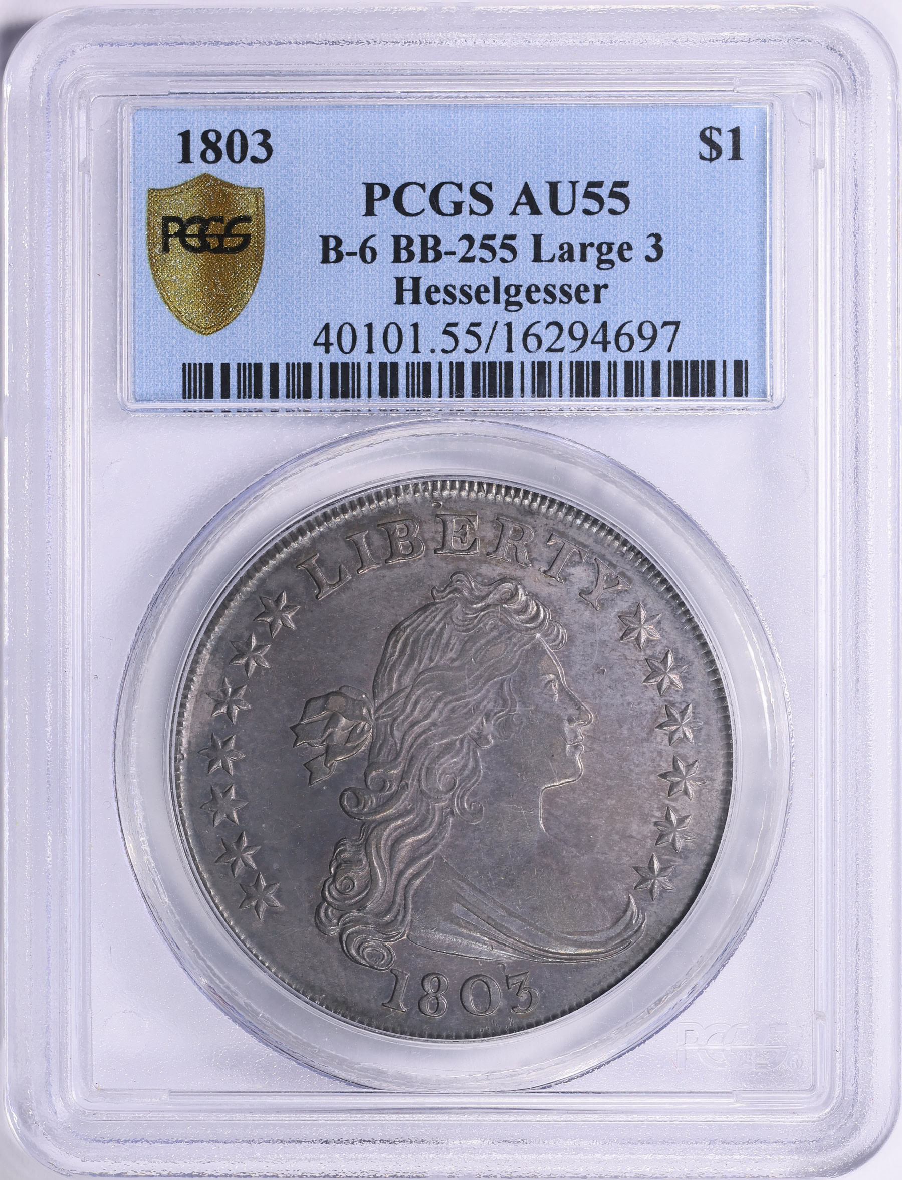 1803 Draped Bust Silver Dollar B-6 BB-255 Large 3 PCGS AU-55 (Toned ...