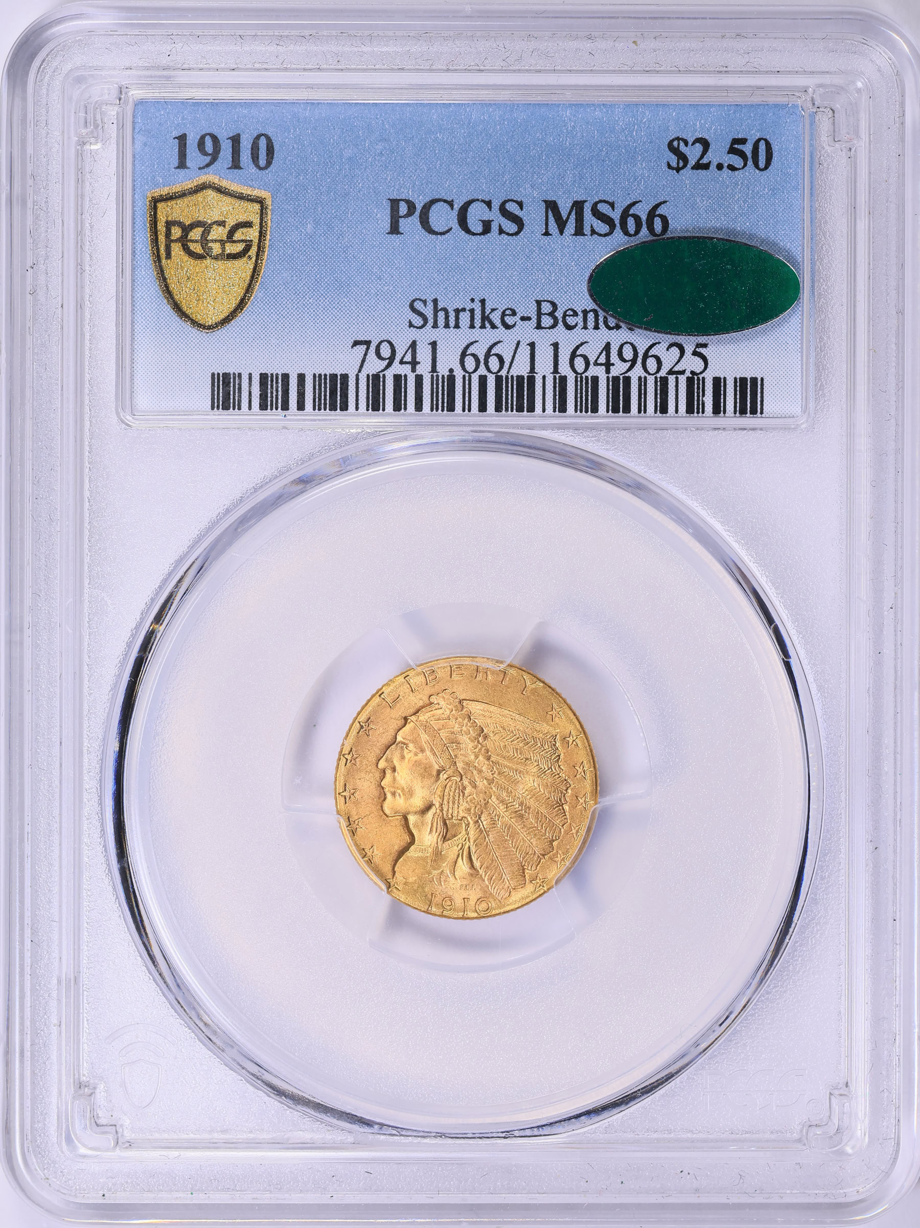 1910 Indian Gold Quarter Eagle PCGS MS-66 (CAC Green) (Shrike-Bender ...