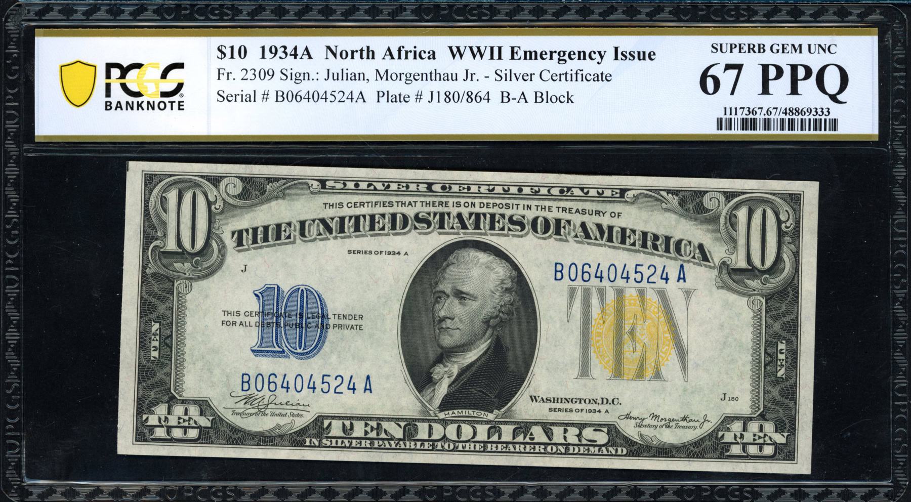 Fr. 2309 (BA Block) 1934A $10 N. Africa WWII Emergency Issue Note ...