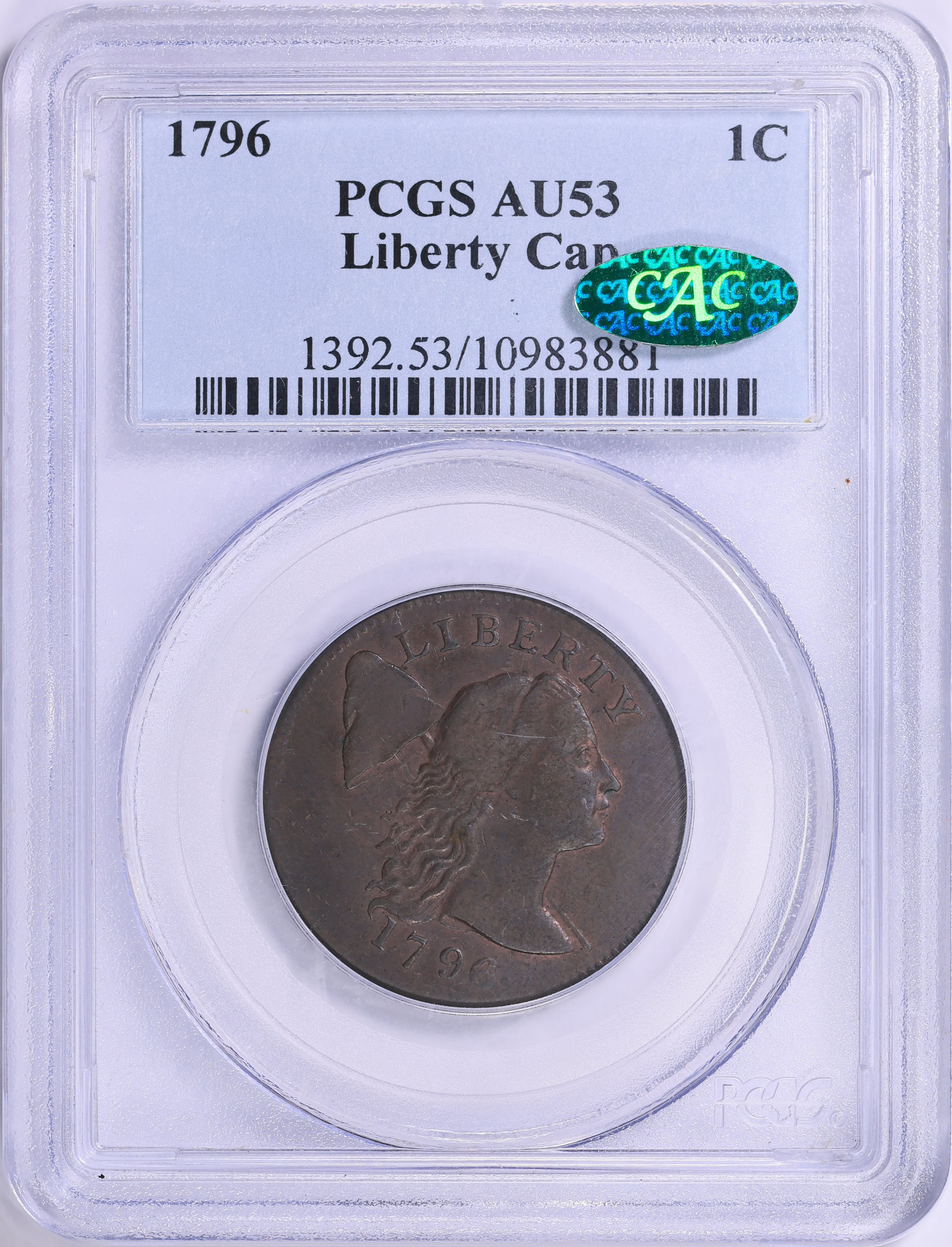 1796 Liberty Cap Cent PCGS AU-53 BN (CAC Green) (Item 1918678 ...